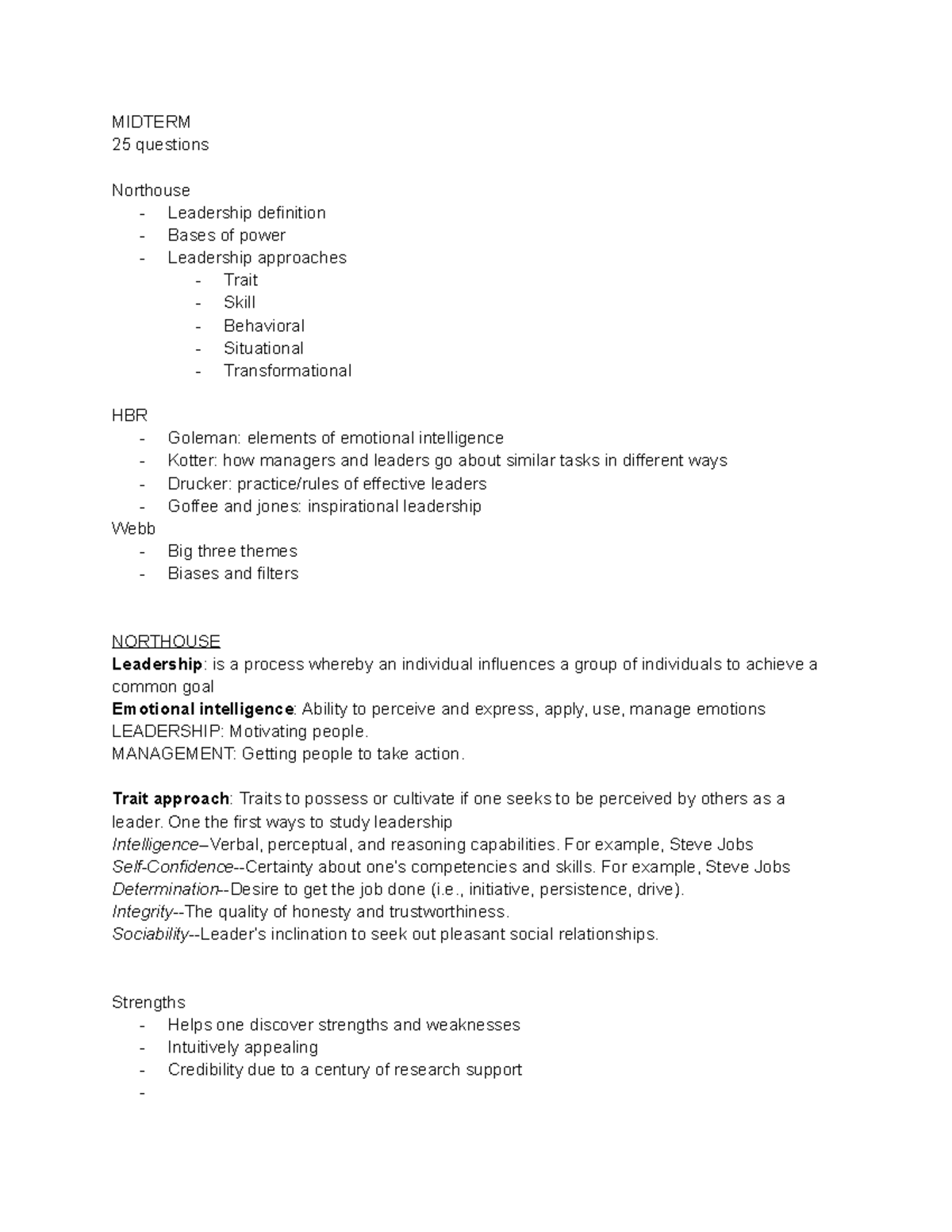 Midterm - mid term class notes - MIDTERM 25 questions Northouse ...