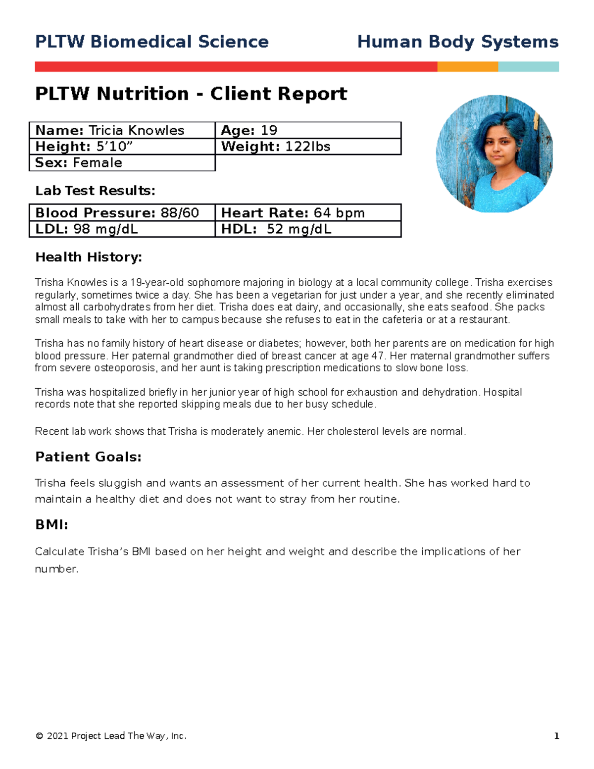 HBS 325 Resource Sheet Trisha Knowles - PLTW Nutrition - Client Report ...