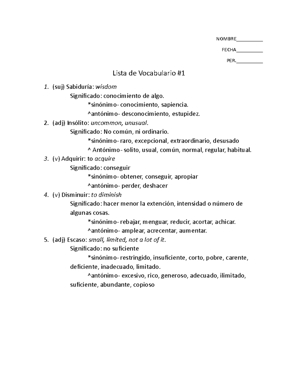 Listas 1a5 Vocabulario 2 - NOMBRE__________ FECHA__________ PER ...