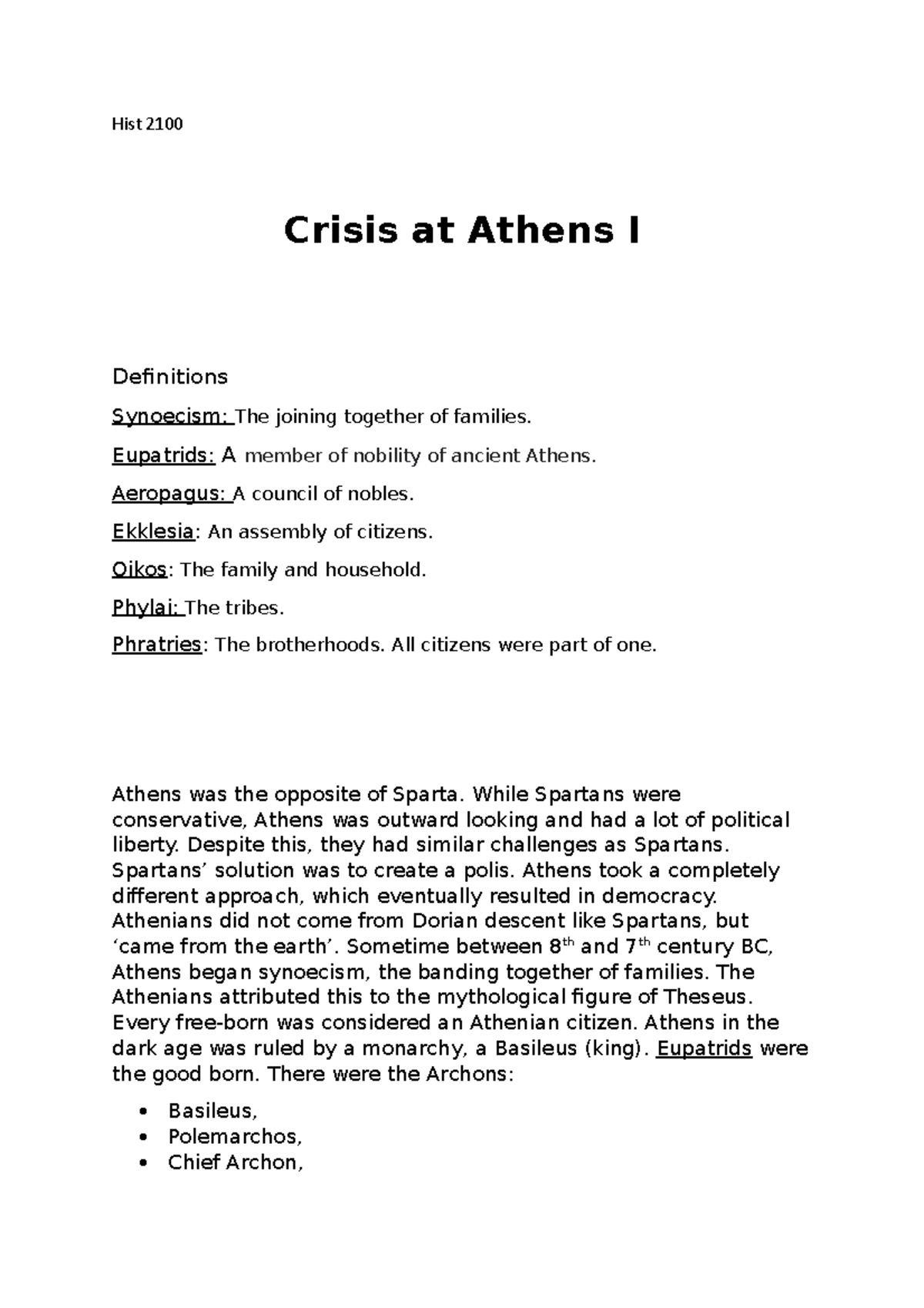 Lecture notes on Crisis at Athens 1 - Hist 2100 Crisis at Athens I ...