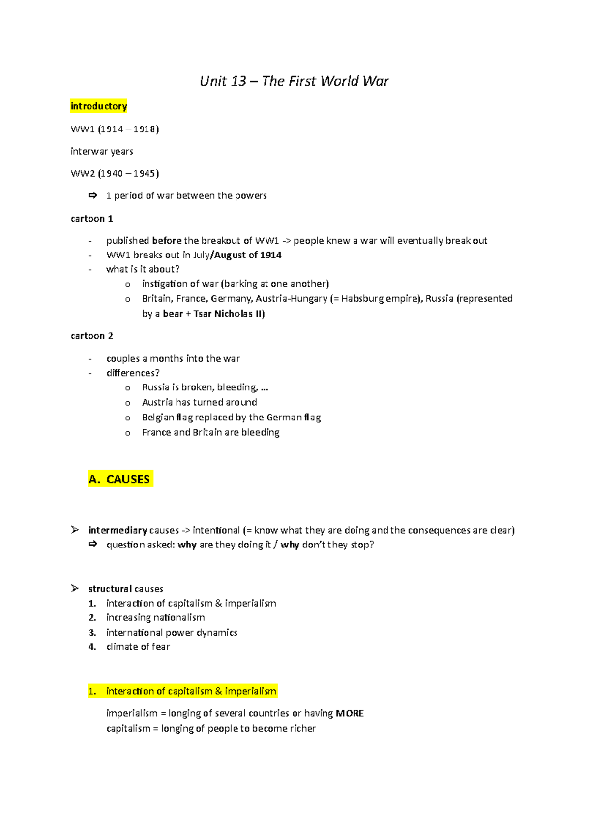 UNIT 13: First World War - Unit 13 – The First World War introductory ...