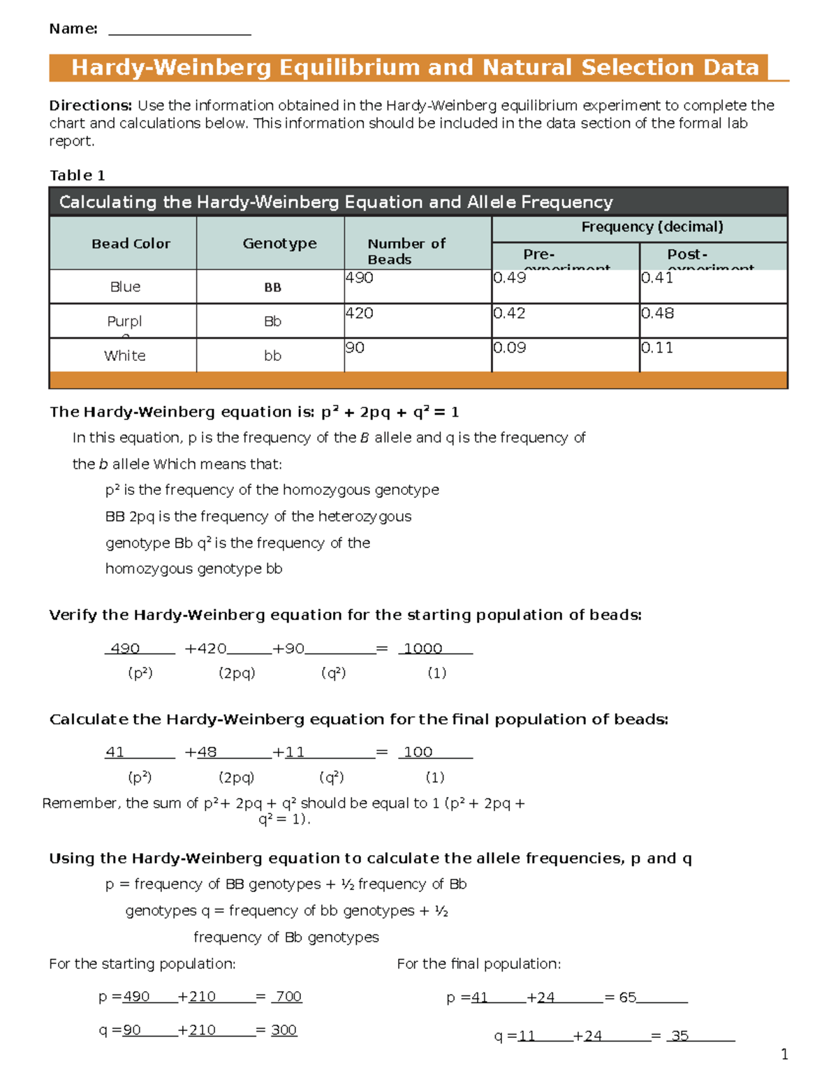 Bio182-01 - First lab - Directions: Use the information obtained in the ...