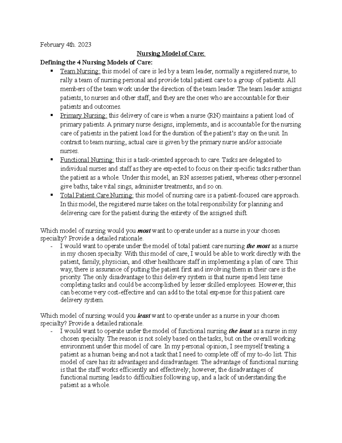Wk4Nursing Modelof Care - February 4th. 2023 Nursing Model of Care ...