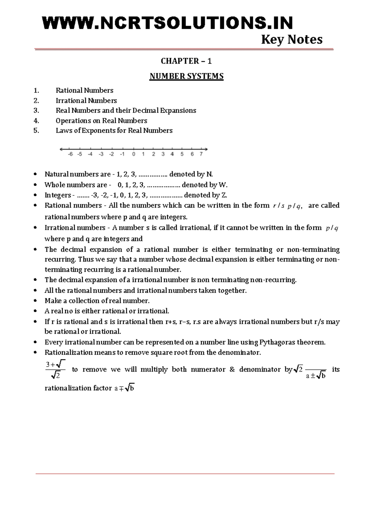 09 maths key notes ch 01 number system - WWW.NCRTSOLUTIONS Key Notes ...