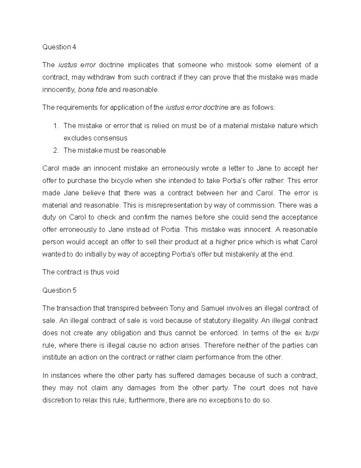 October 17 Contact law - Question 4 The iustus error doctrine ...