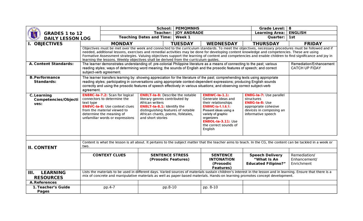 WEEK 1 LESSON PLAN - GRADES 1 to 12 DAILY LESSON LOG School: PEMQMNHS ...