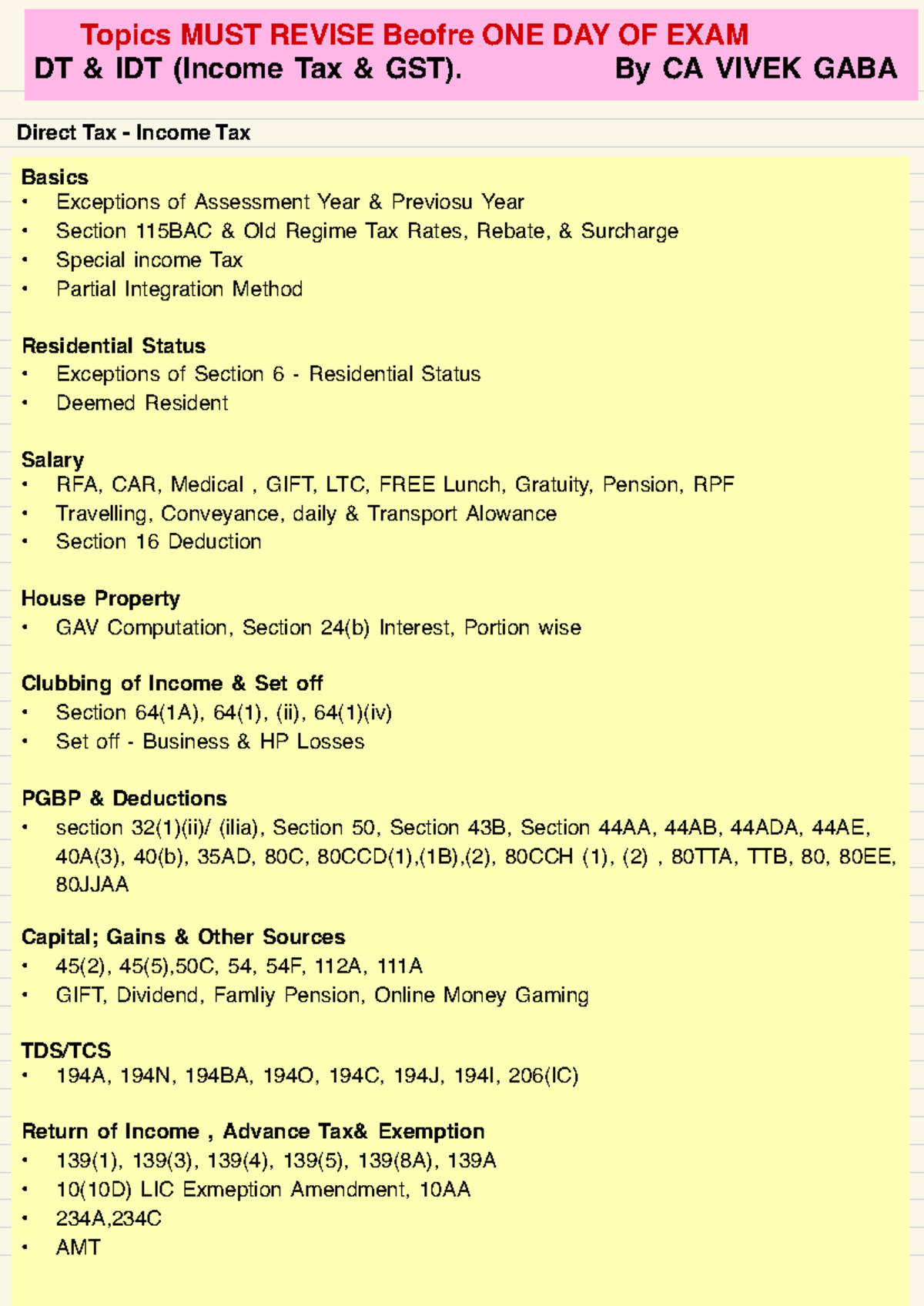 Most Expected Topics FOR Exams Income Tax & GST - Topics MUST REVISE ...