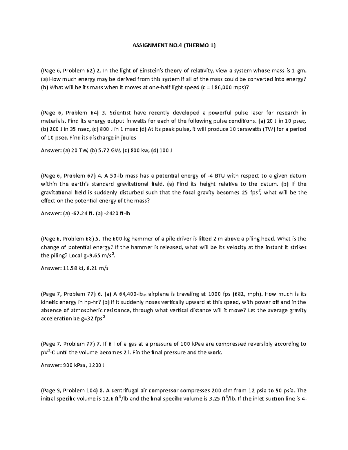 Assignment-4- Thermo - SAMPLE ASSIGNMENTS - ASSIGNMENT NO (THERMO 1) (Page 6, Problem 62) 2. In ...