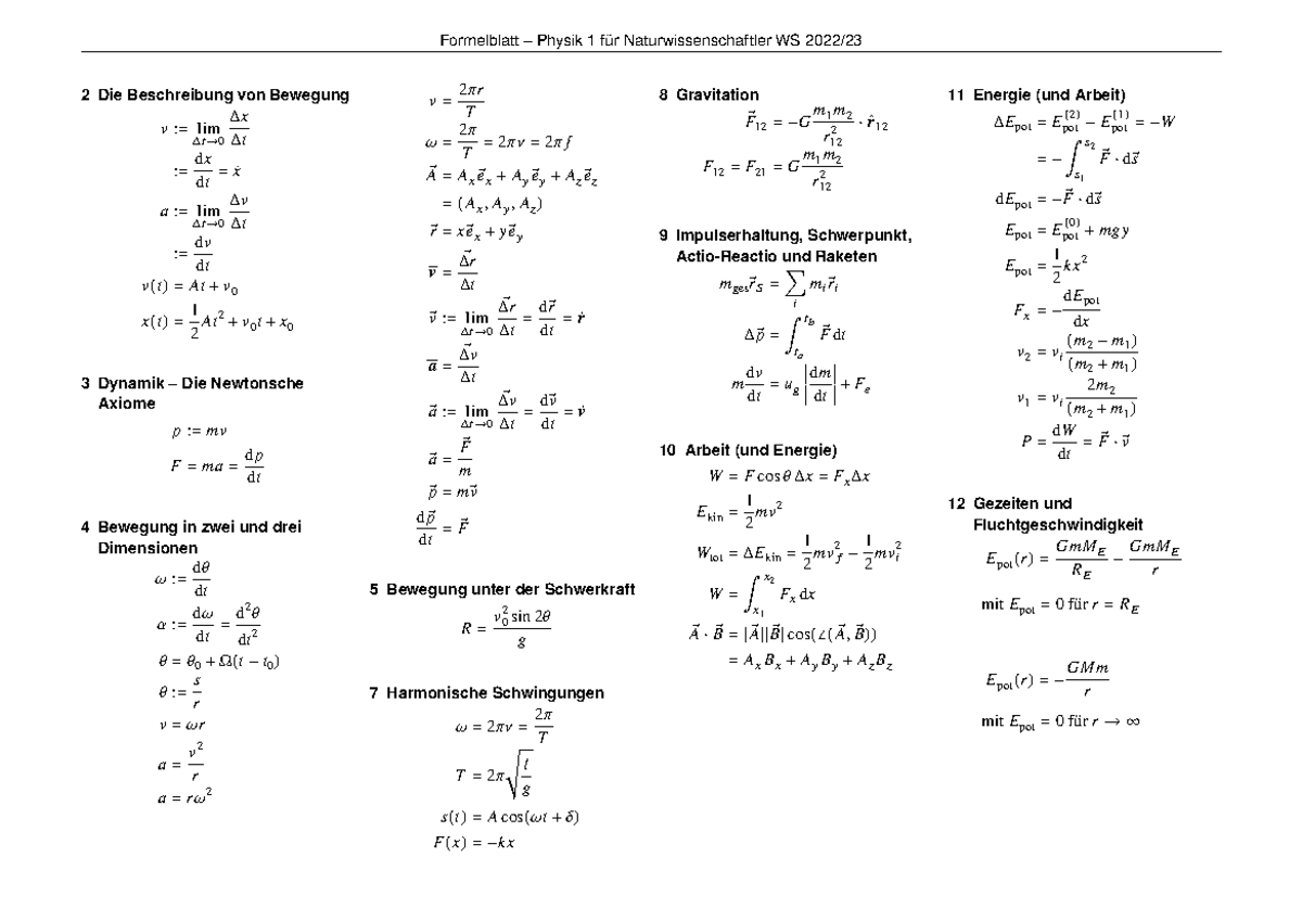 Formeln pnf1 - Formelblatt – Physik 1 für Naturwissenschaftler WS 2022/ ...