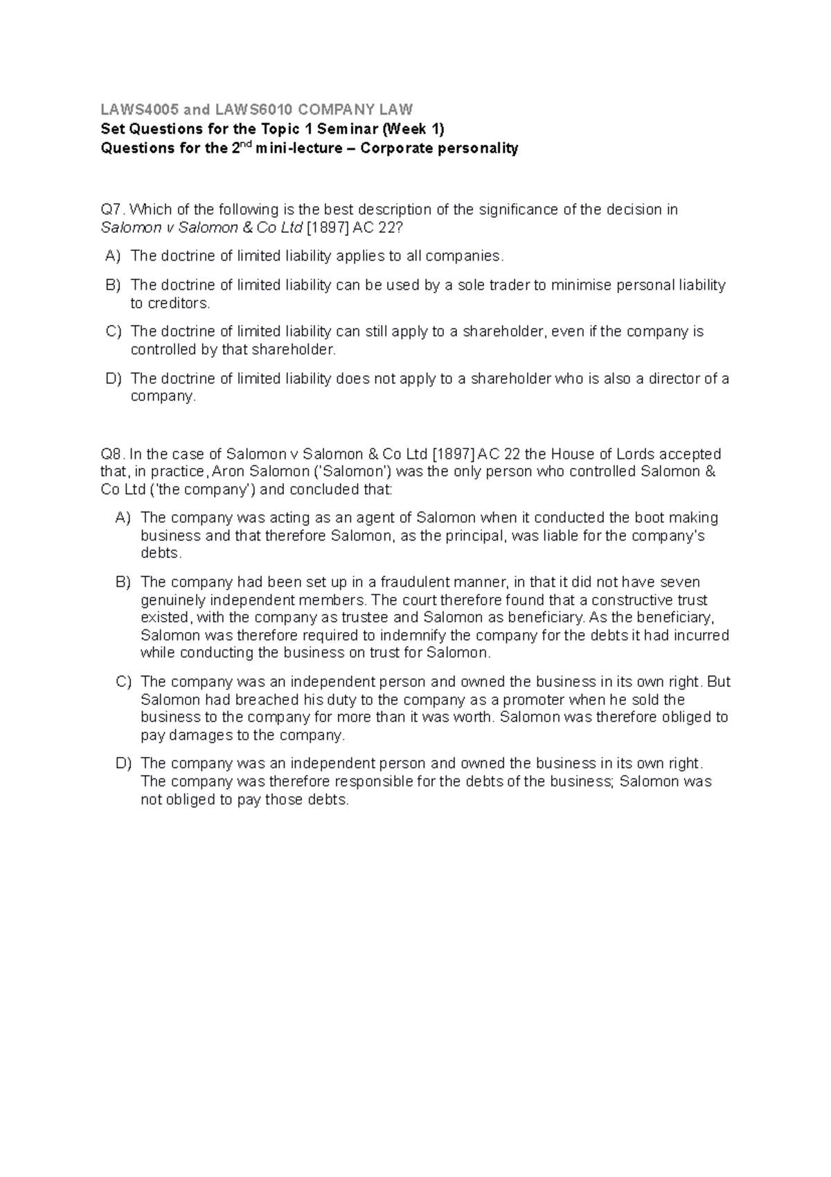 Topic 1 Qs 2nd of 3 - in class answers - LAWS4005 and LAWS6010 COMPANY ...