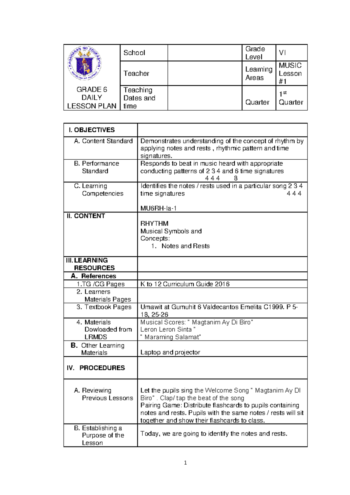 Music Grade 6 - QUARTER 1 LESSON PLAN - GRADE 6 DAILY LESSON PLAN ...