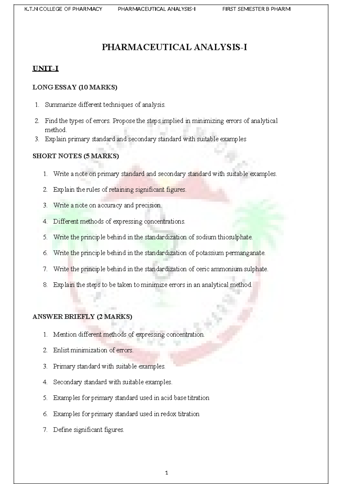 PYQ- Analysis-Unit wise - PHARMACEUTICAL ANALYSIS-I UNIT-I LONG ESSAY (10 MARKS) 1. Summarize ...