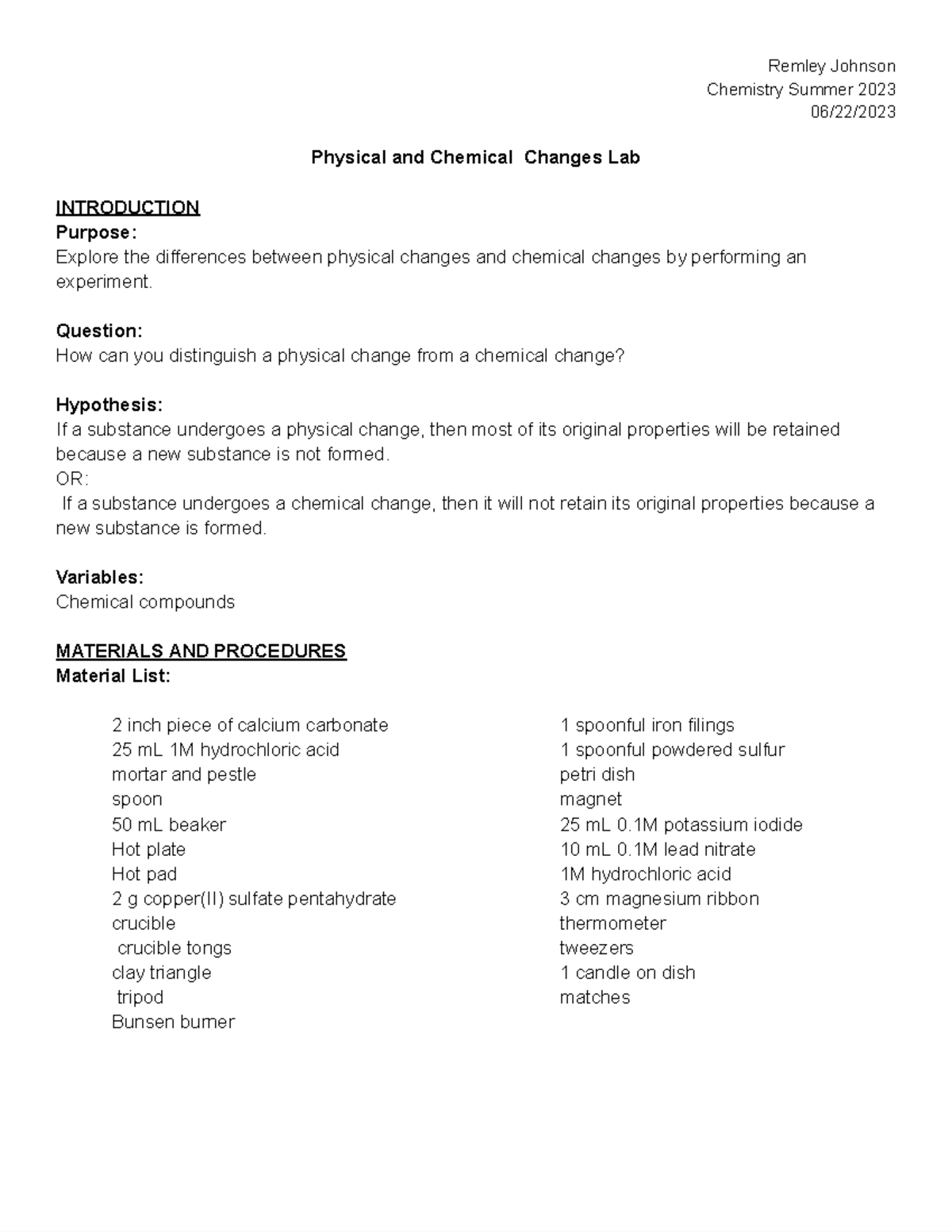 Physical Chemical Lab - labn rprott - Remley Johnson Chemistry Summer ...