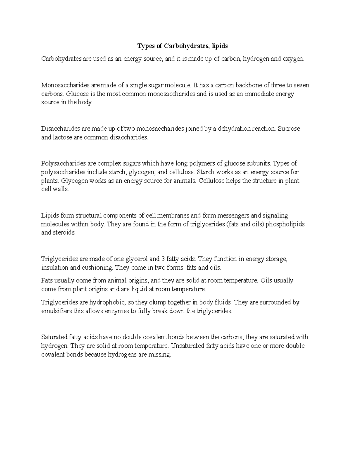 Carbs,lipids etc - this document contains notes on the types of carbs ...