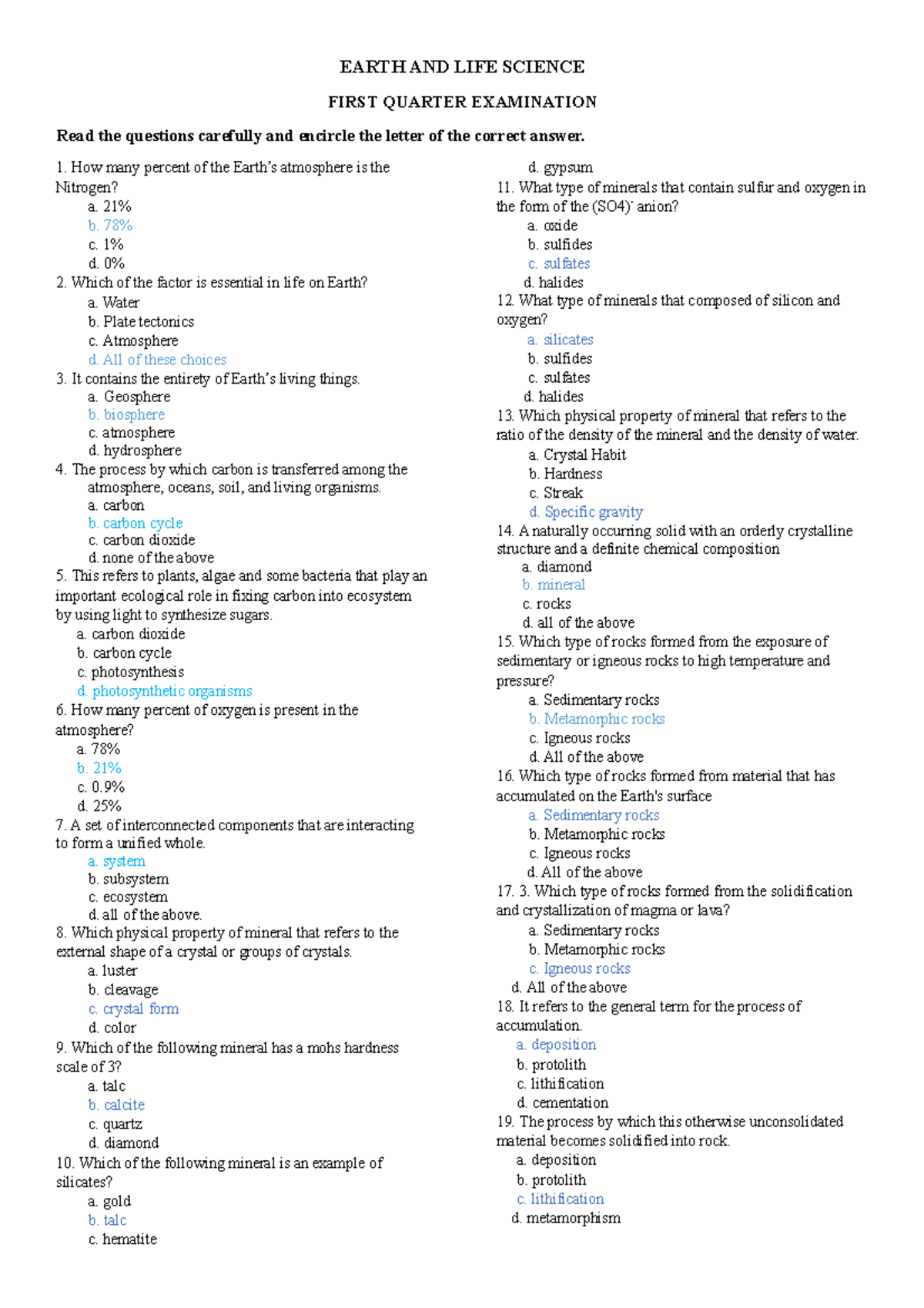 first quarter exam - EARTH AND LIFE SCIENCE FIRST QUARTER EXAMINATION ...