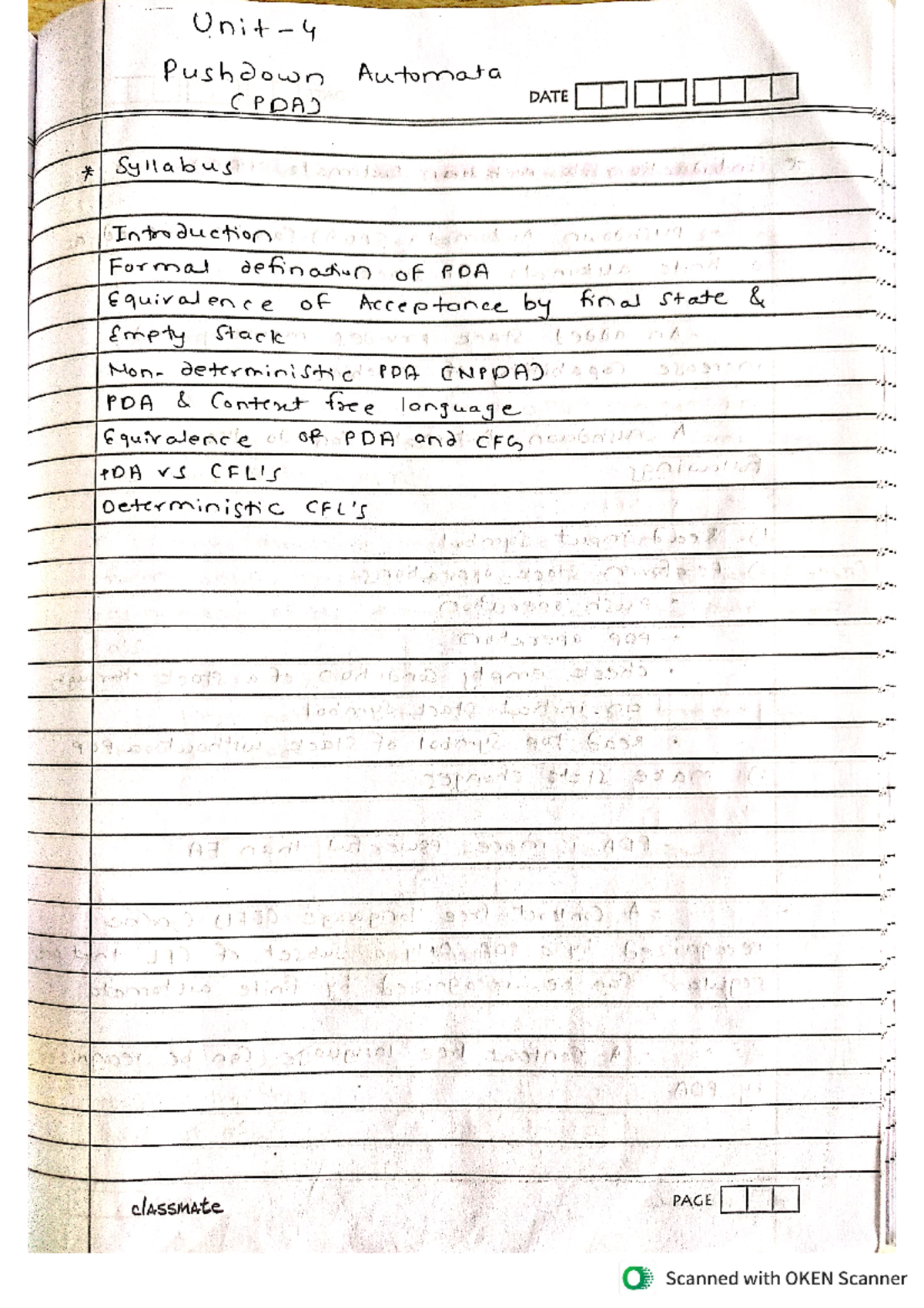 Handwritten Notes of Unit 4 - Unit 4 Pushdown Automata (PDA) DATE ...