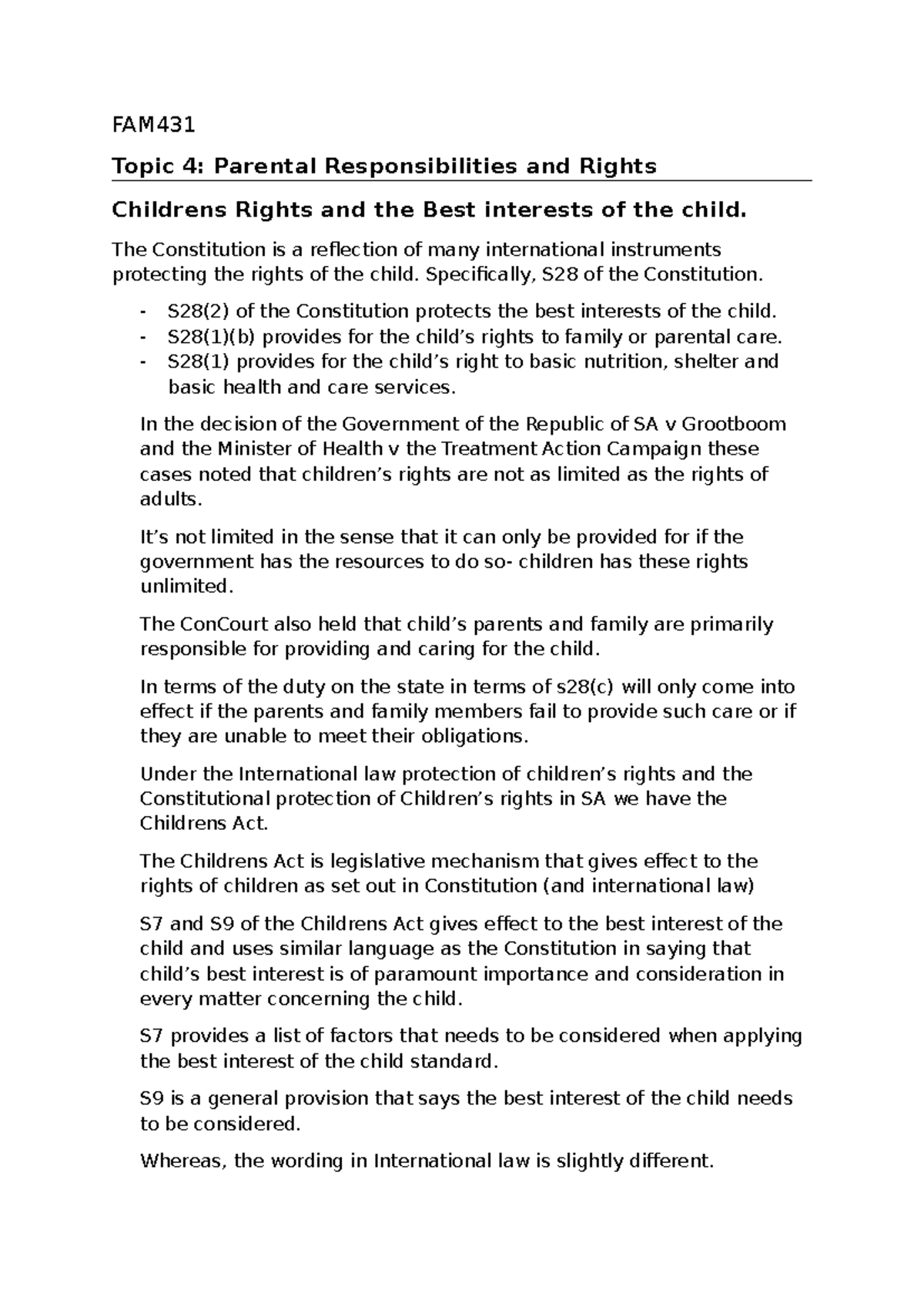 Parental Responsibilities and Rights Topic 4 Class notes - FAM Topic 4 ...