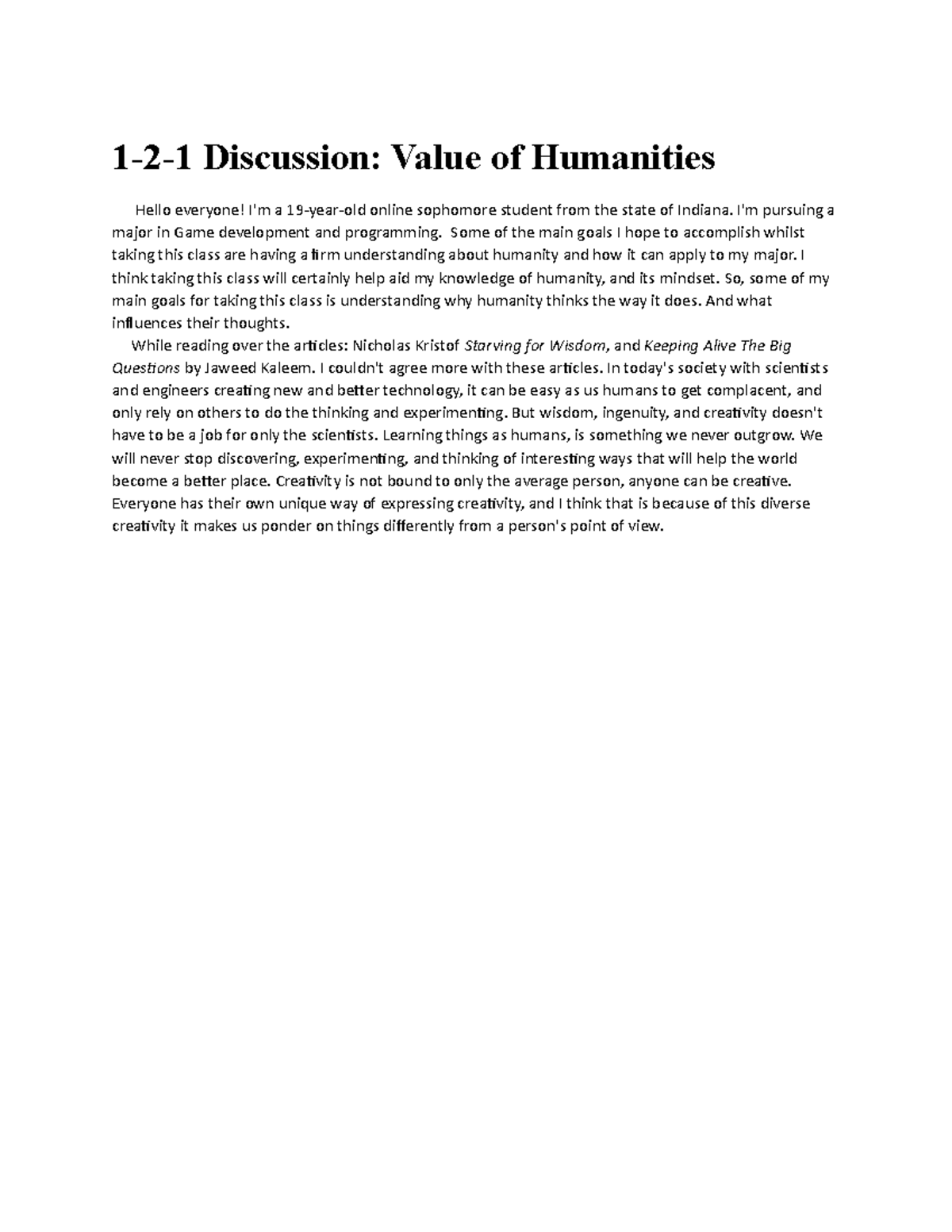 1-2-1 Discussion^J Value of Humanities - 1-2-1 Discussion: Value of ...
