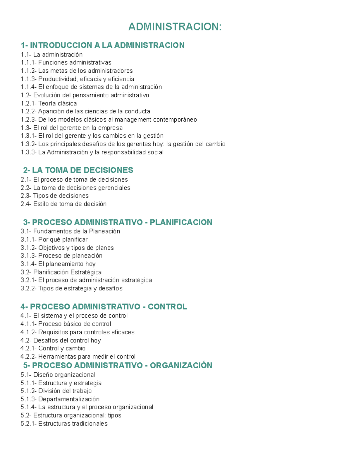 Programa DE Administracion - ADMINISTRACION: 1- INTRODUCCION A LA ...