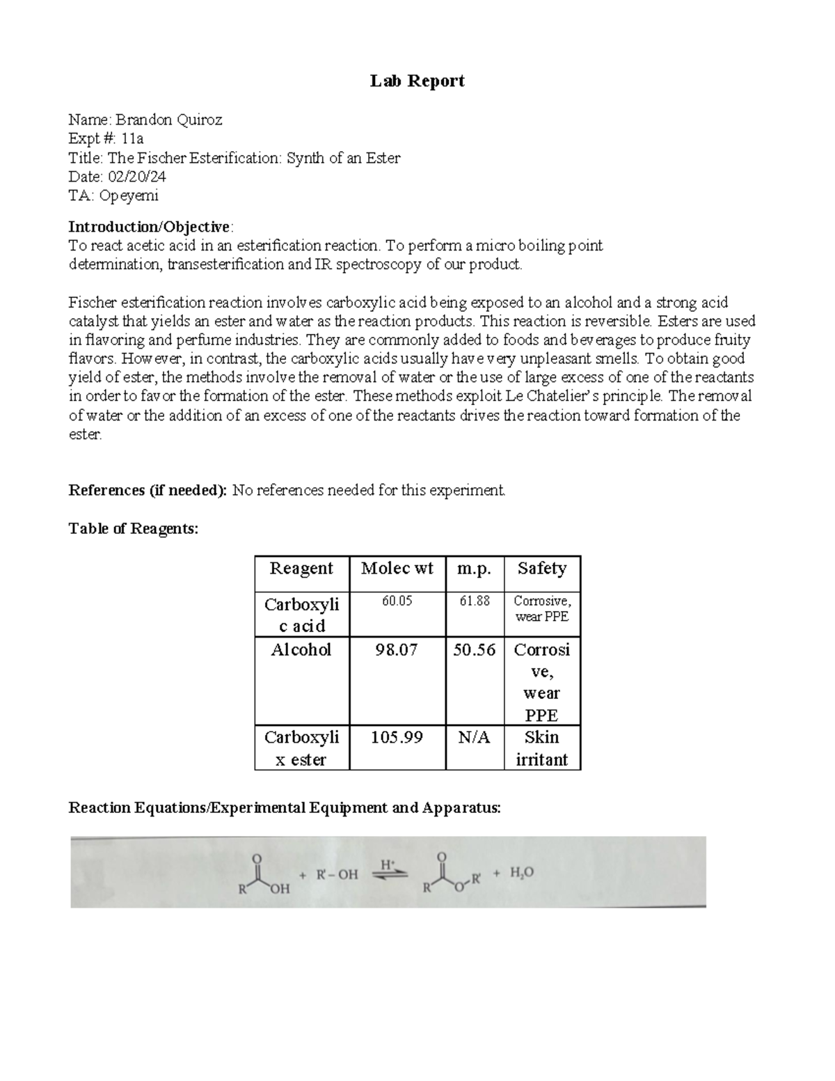 Expt 11a The Fischer Esterification: Synth of an Ester - Lab Report ...