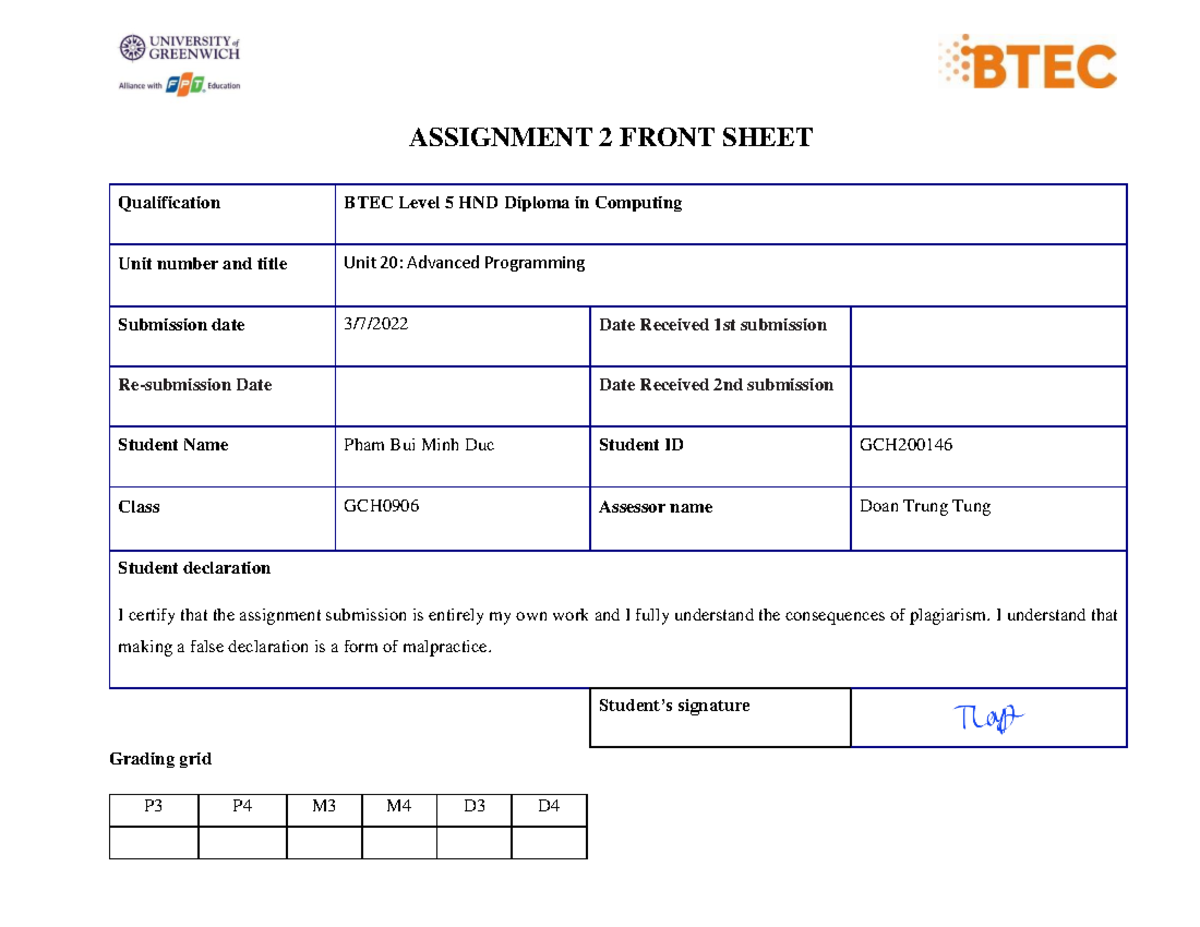 Assignment-2 - ádasdasda - ASSIGNMENT 2 FRONT SHEET Qualification BTEC Level 5 HND Diploma in ...