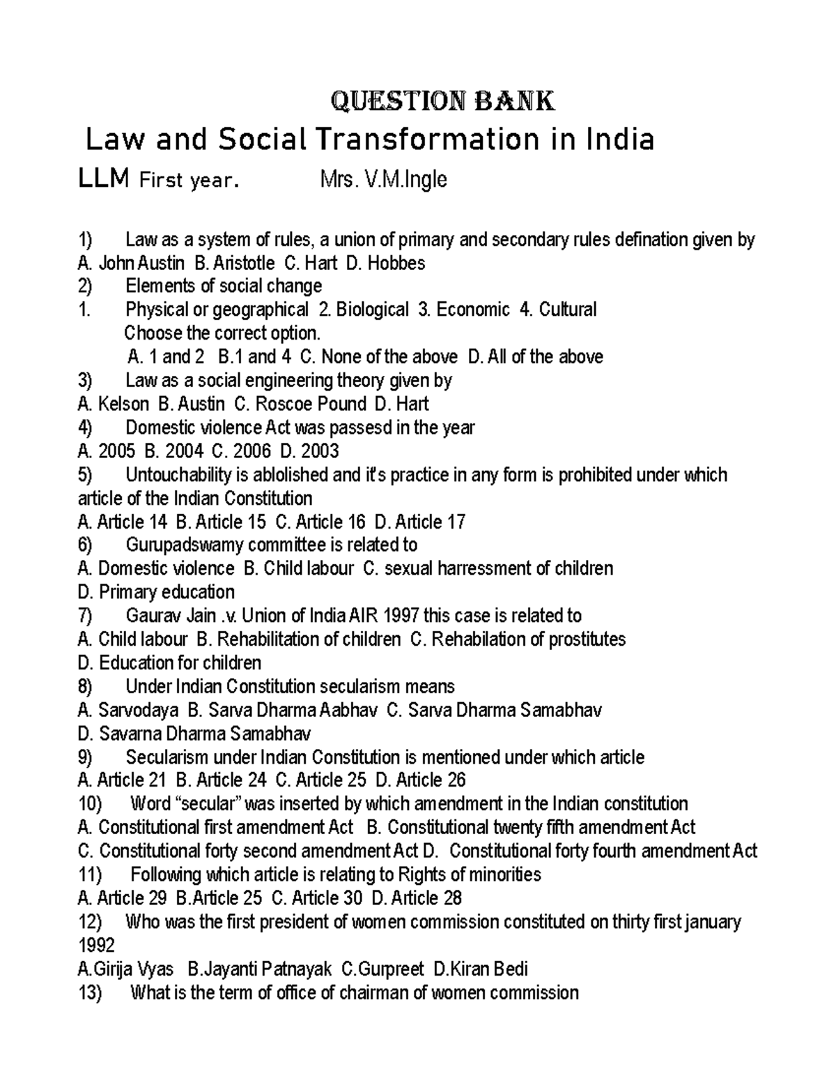 Question-BANK - Practice questions - QUESTION BANK Law and Social ...