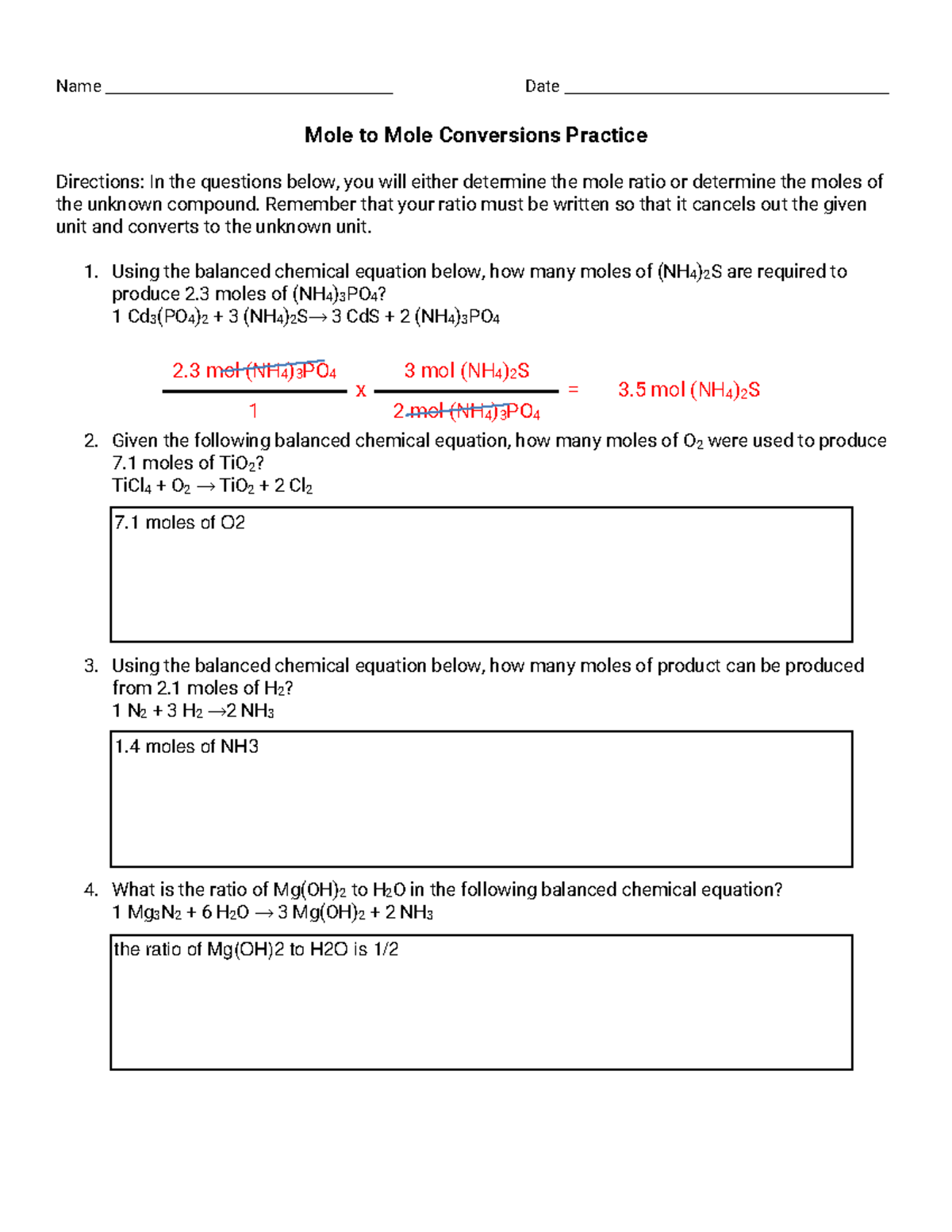 Mole+to+Mole+Conversion+Practice+(NEW) - Name Date Mole to Mole ...