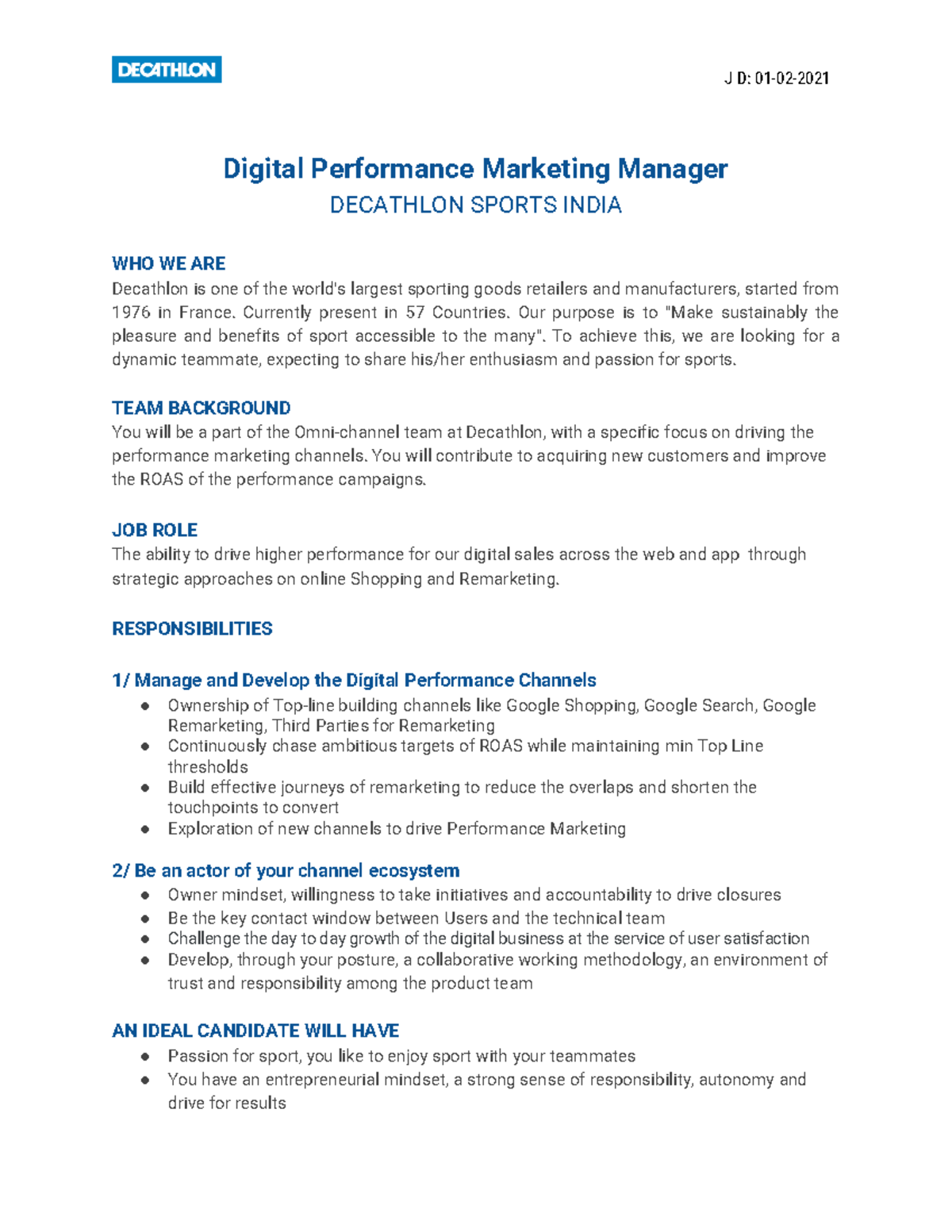 Performance Marketing Manager - J D: 01-02- Digital Performance ...