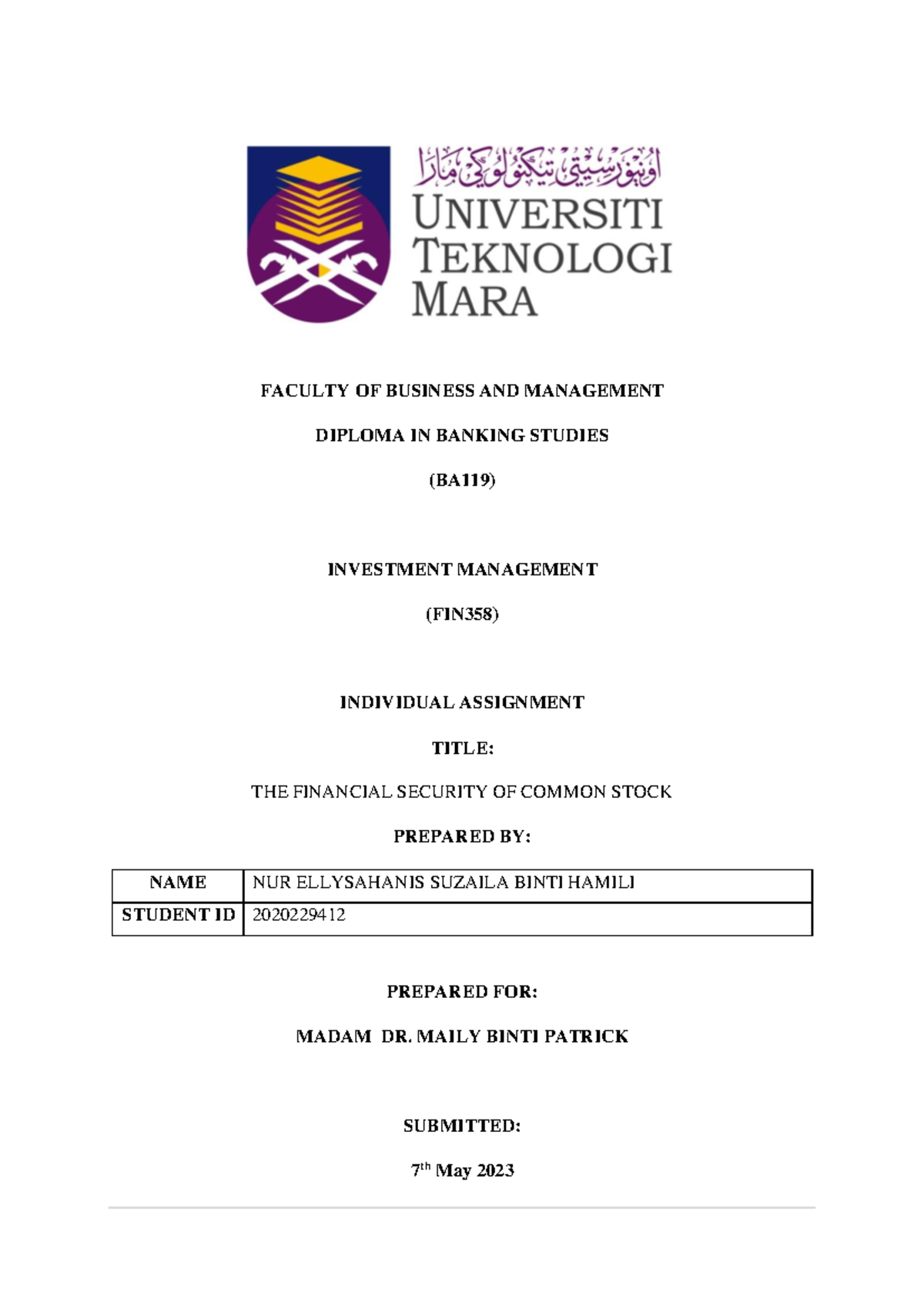 FIN358 Individual Assignment (FIN358) - FACULTY OF BUSINESS AND ...