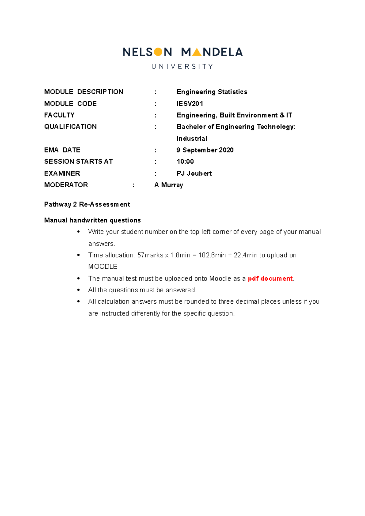 Stats Mathematics - MODULE DESCRIPTION : Engineering Statistics MODULE ...