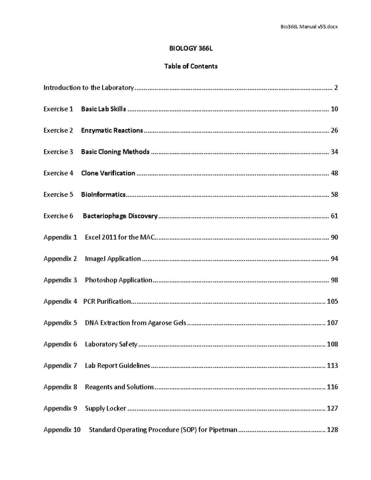 Bio366L Manual v55 - lab Manuel for biology 366L, this is only the ...