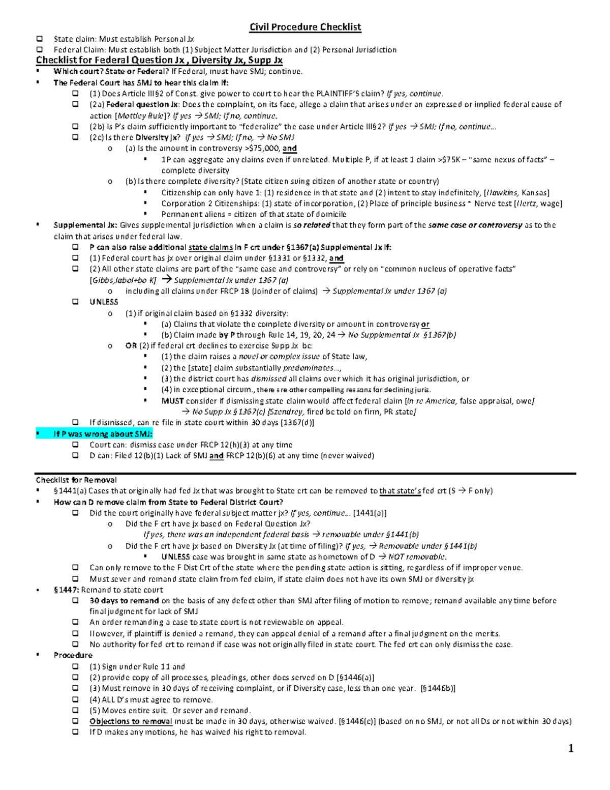Civ Pro attack outline 2 - Civil Procedure Checklist q State claim ...
