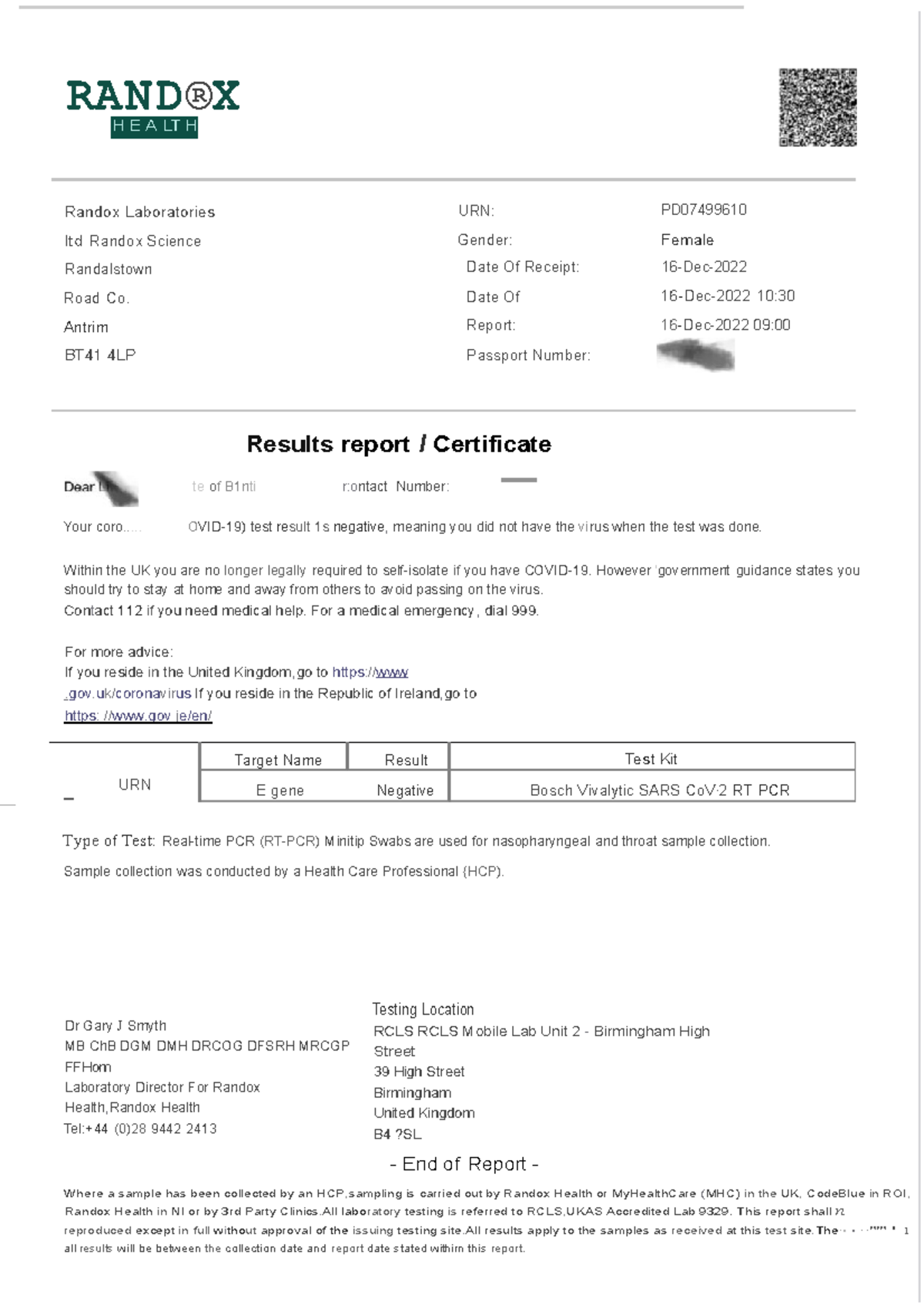 Img 7982 - test - RAN D®X H E A LT H Results report I Certificate te of ...