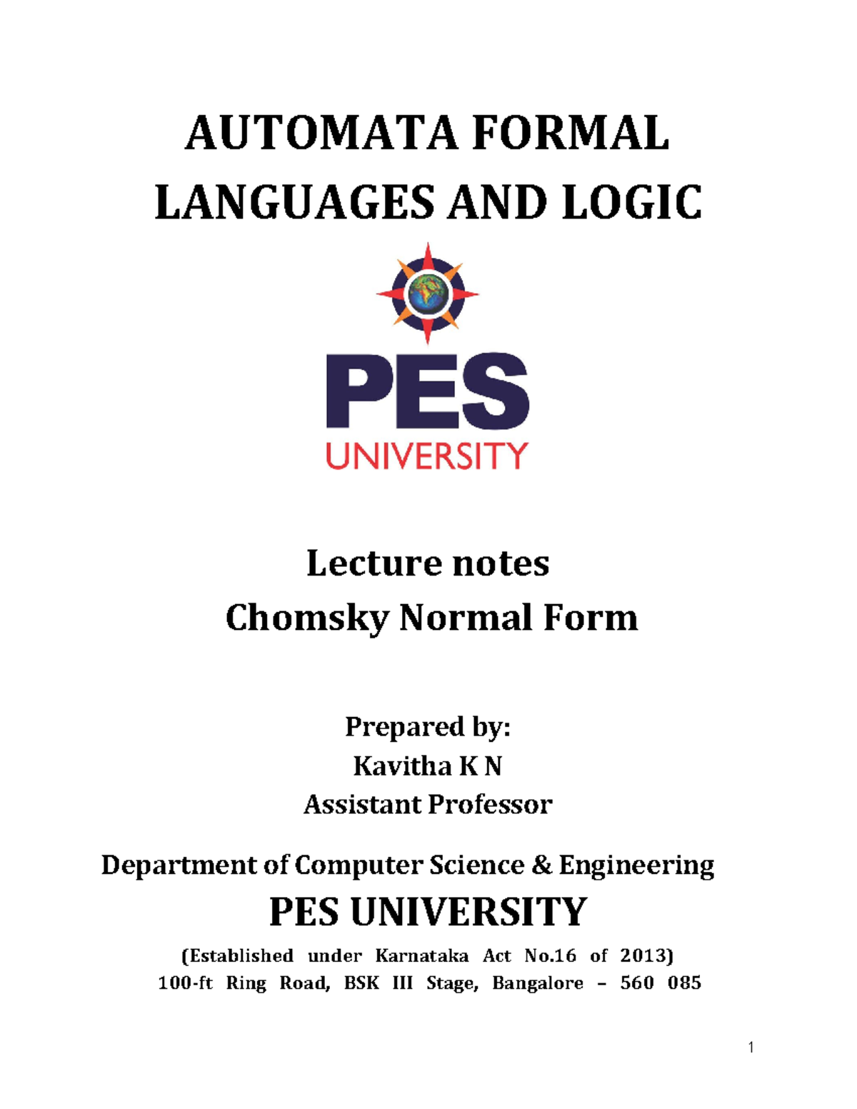 CNF(Notes) - CNF(Notes) - AUTOMATA FORMAL LANGUAGES AND LOGIC Lecture ...