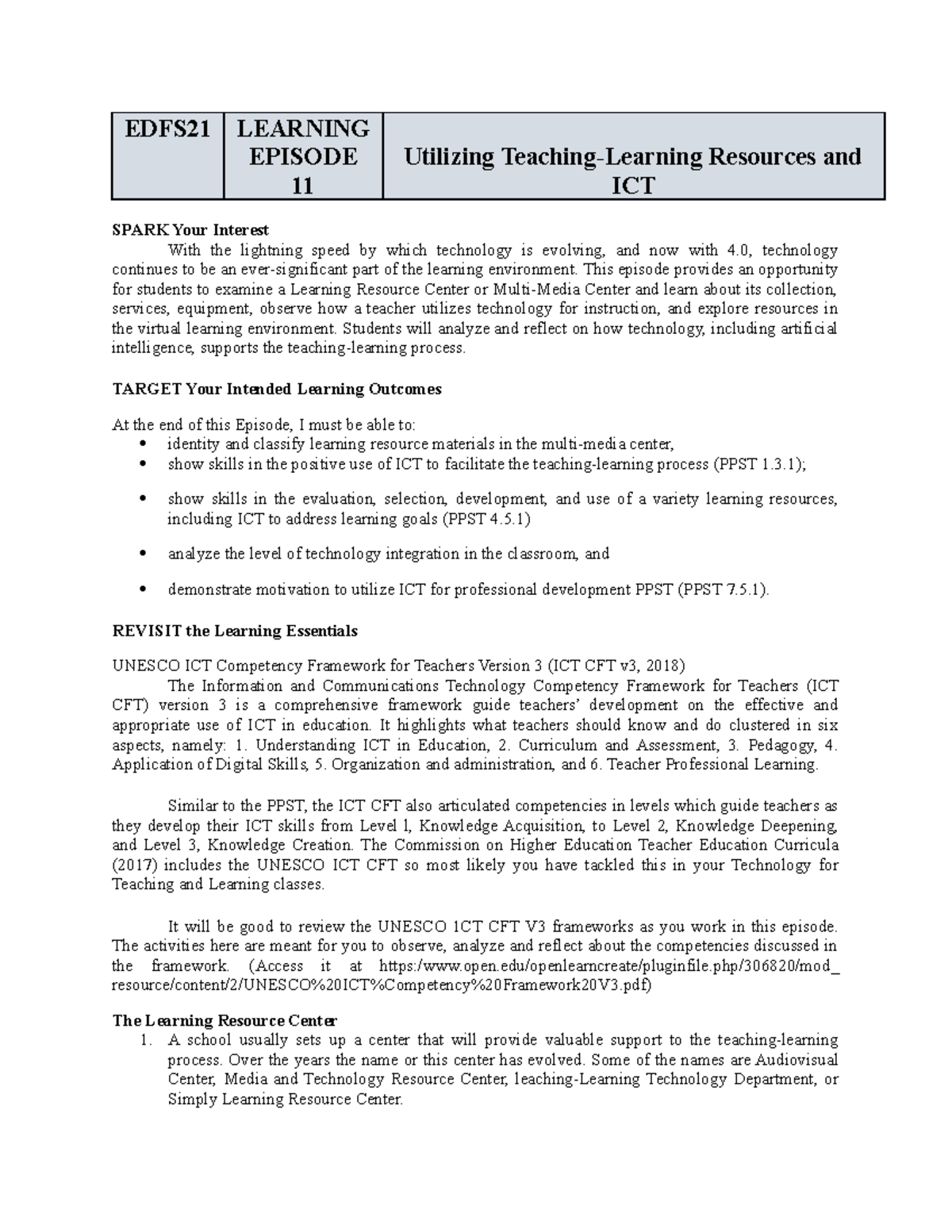 Modified edfs episode 11 activity - EDFS21 LEARNING EPISODE 11 ...