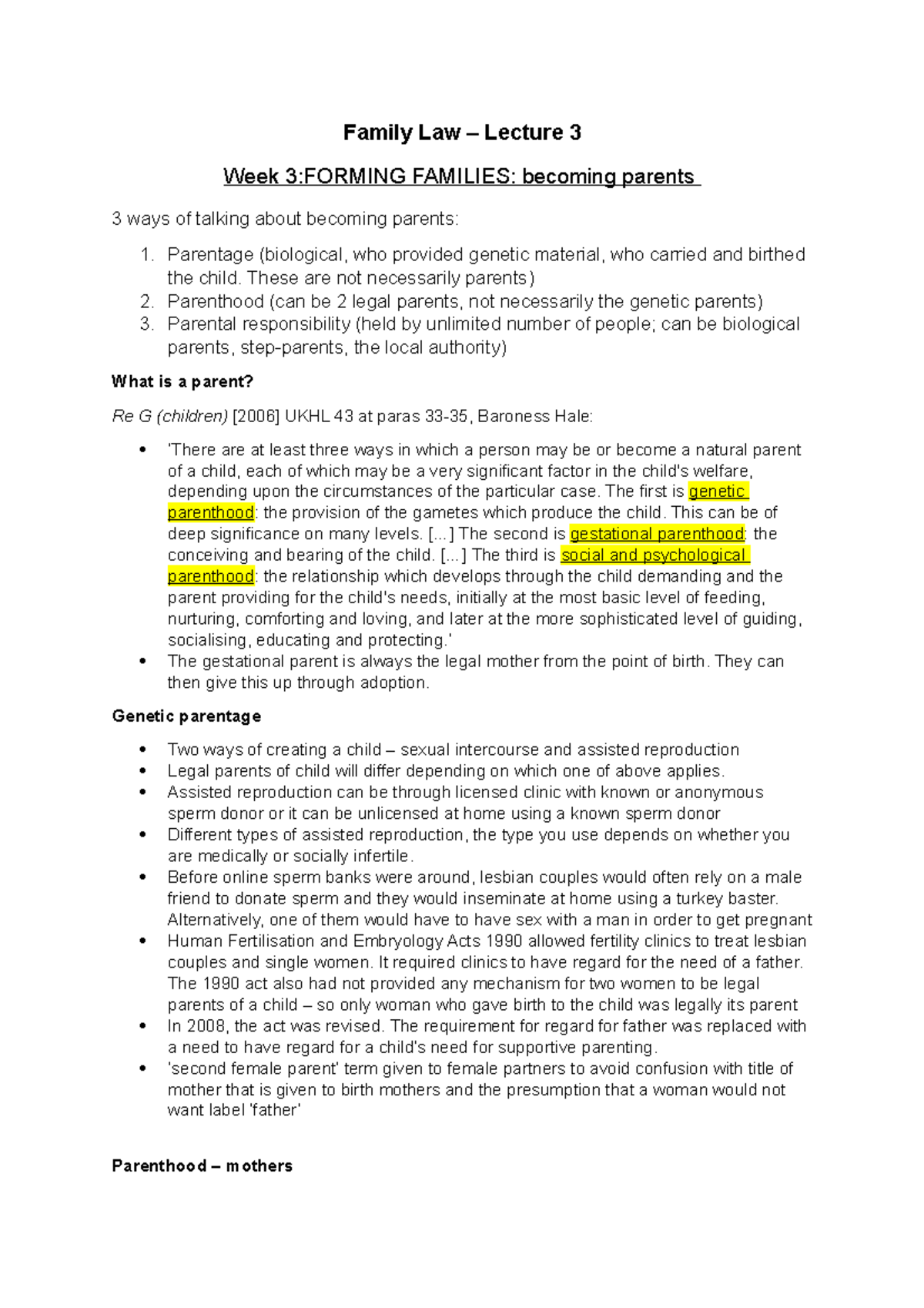 Lecture 3 becoming parents - Family Law – Lecture 3 Week 3:FORMING ...