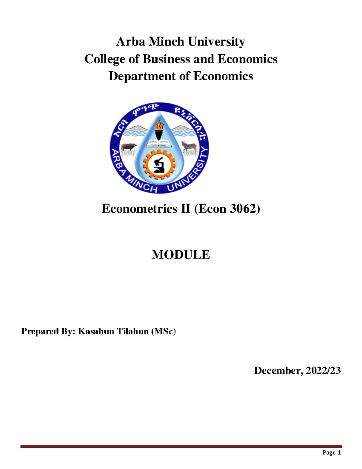 Econometrics II 024623 - Arba Minch University College of Business and Economics Department of ...