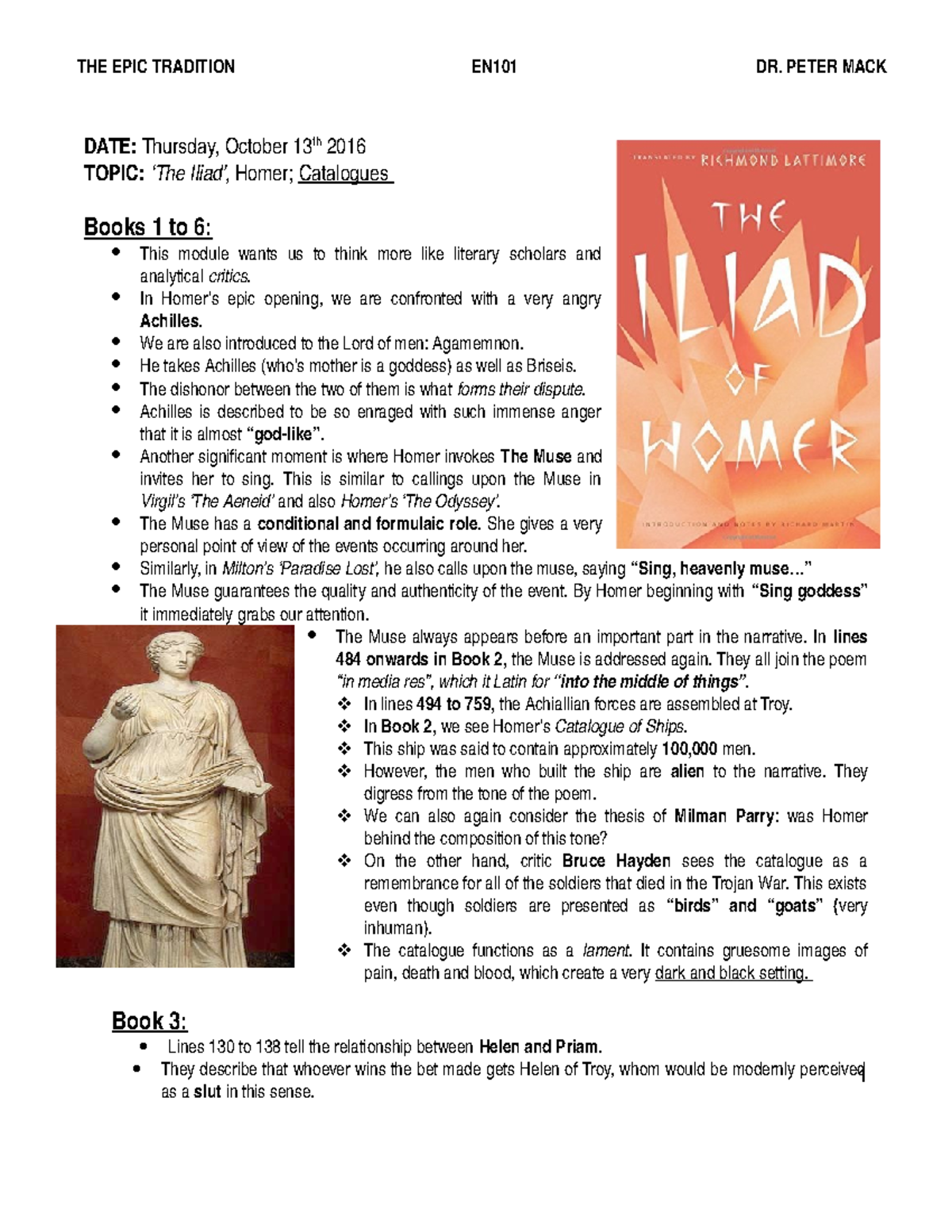 Catalogues- Homer's 'The Iliad' - THE EPIC TRADITION EN101 DR. PETER ...