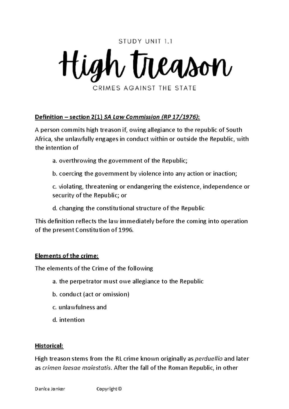 SU1.1 (High treason) - notes - Definition – section 2(1) SA Law ...