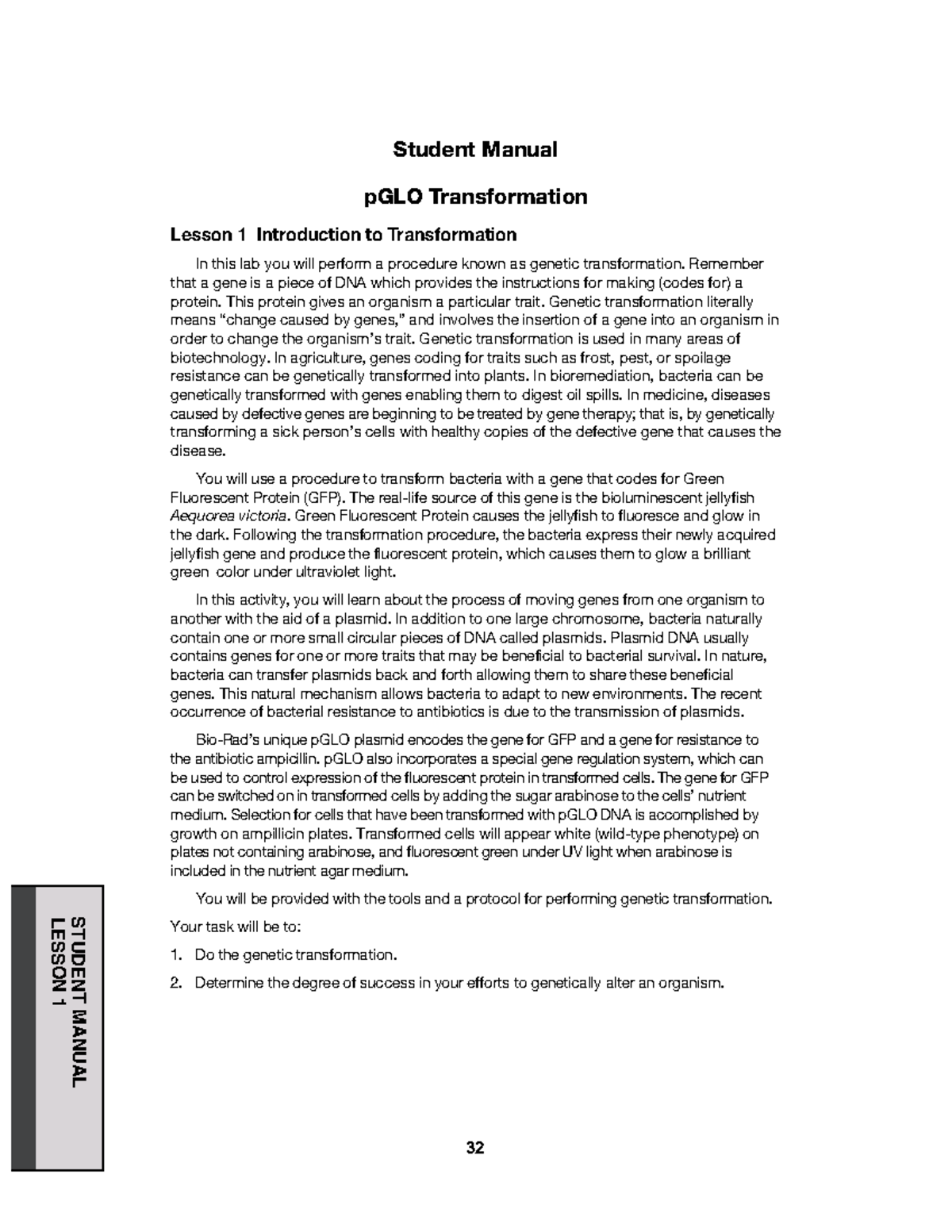 Lab Manual - Student Manual pGLO Transformation Lesson 1 Introduction to Transformation In this ...