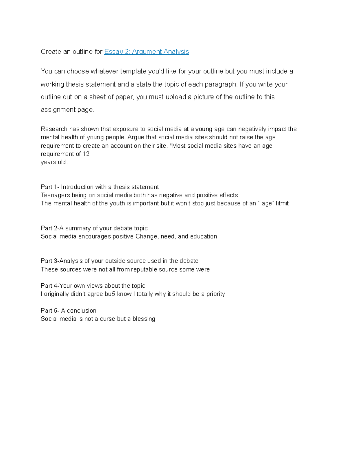 Outline English - Create an outline for Essay 2: Argument Analysis You ...