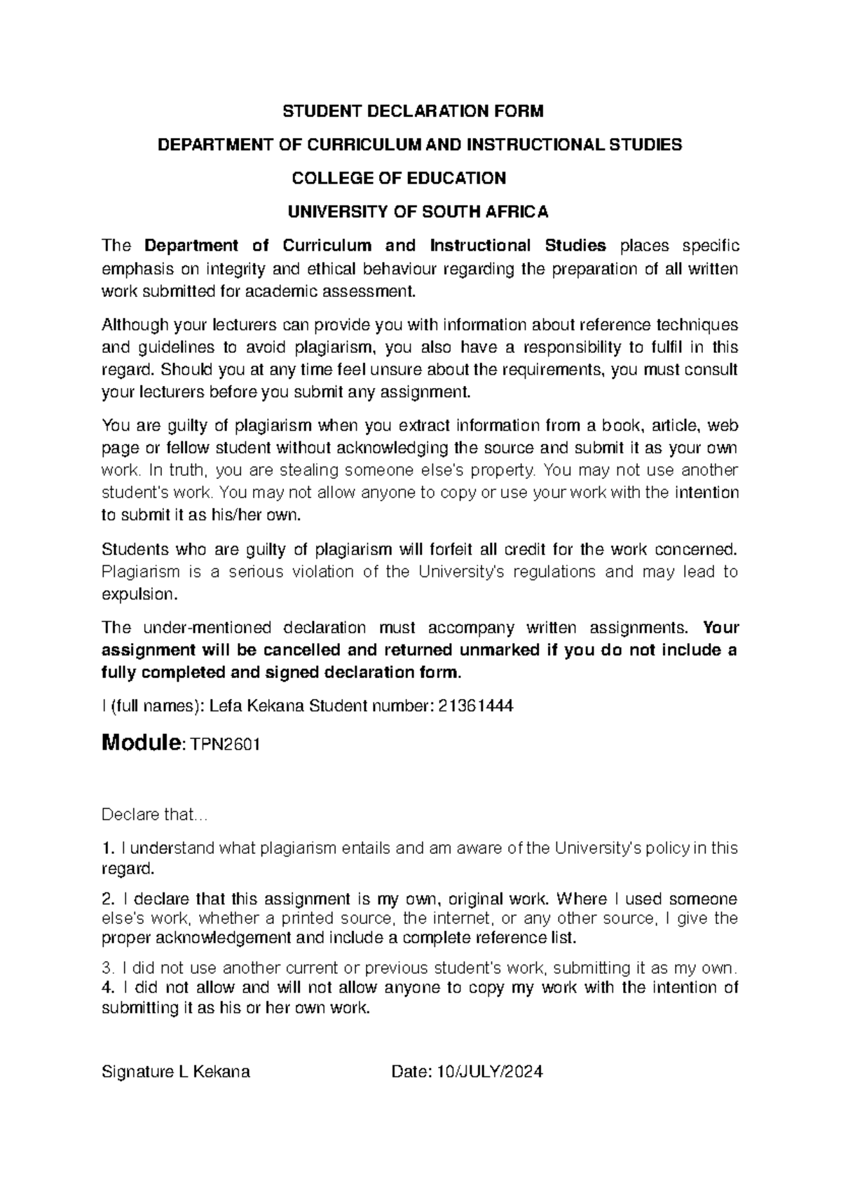 TPN2601 Assessment 2 - assignment - STUDENT DECLARATION FORM DEPARTMENT OF CURRICULUM AND - Studocu
