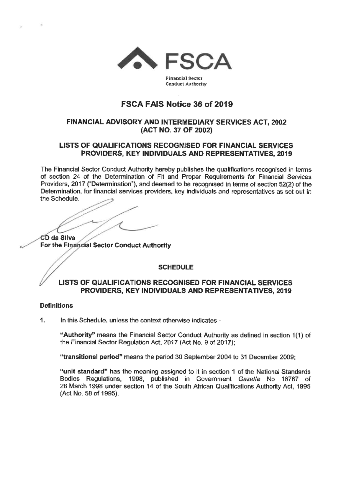 FSCA FAIS Notice 36 of 2019 - Studocu