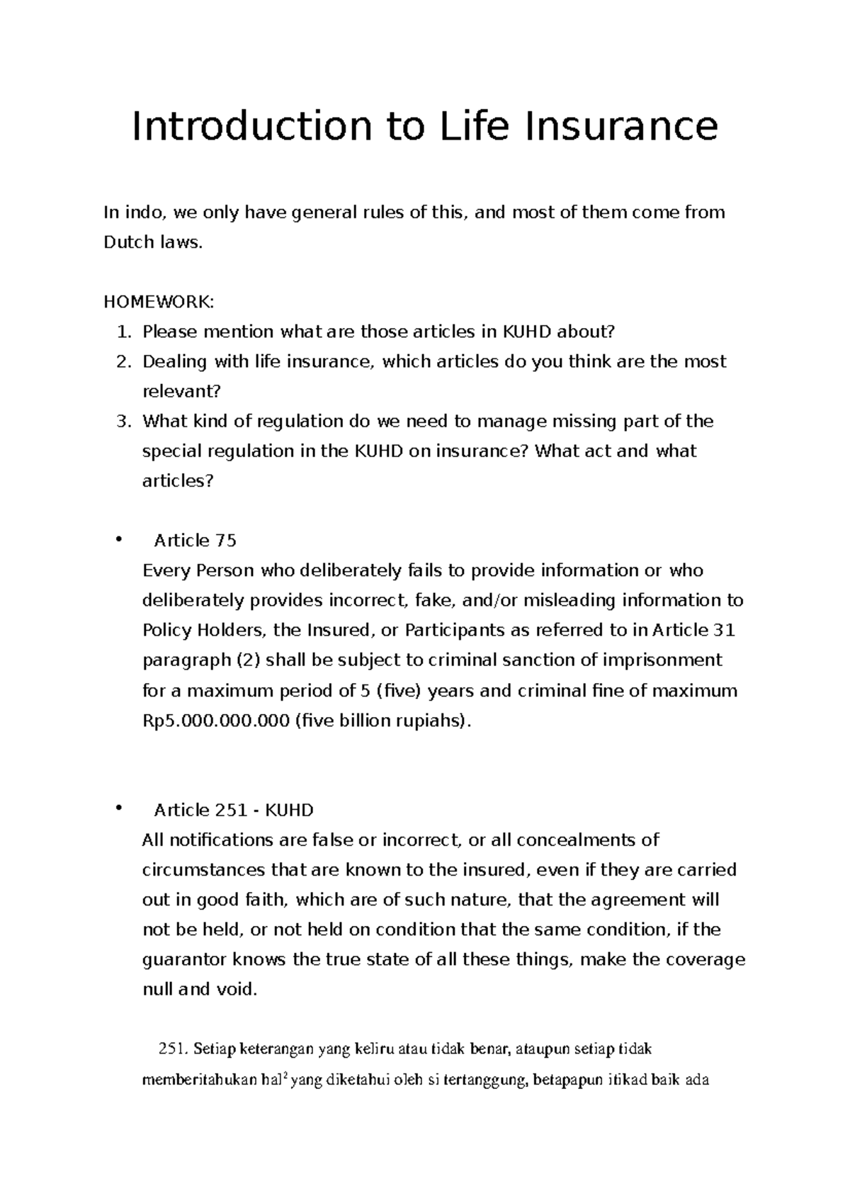 Introduction to Life Insurance - HOMEWORK: 1. Please mention what are ...