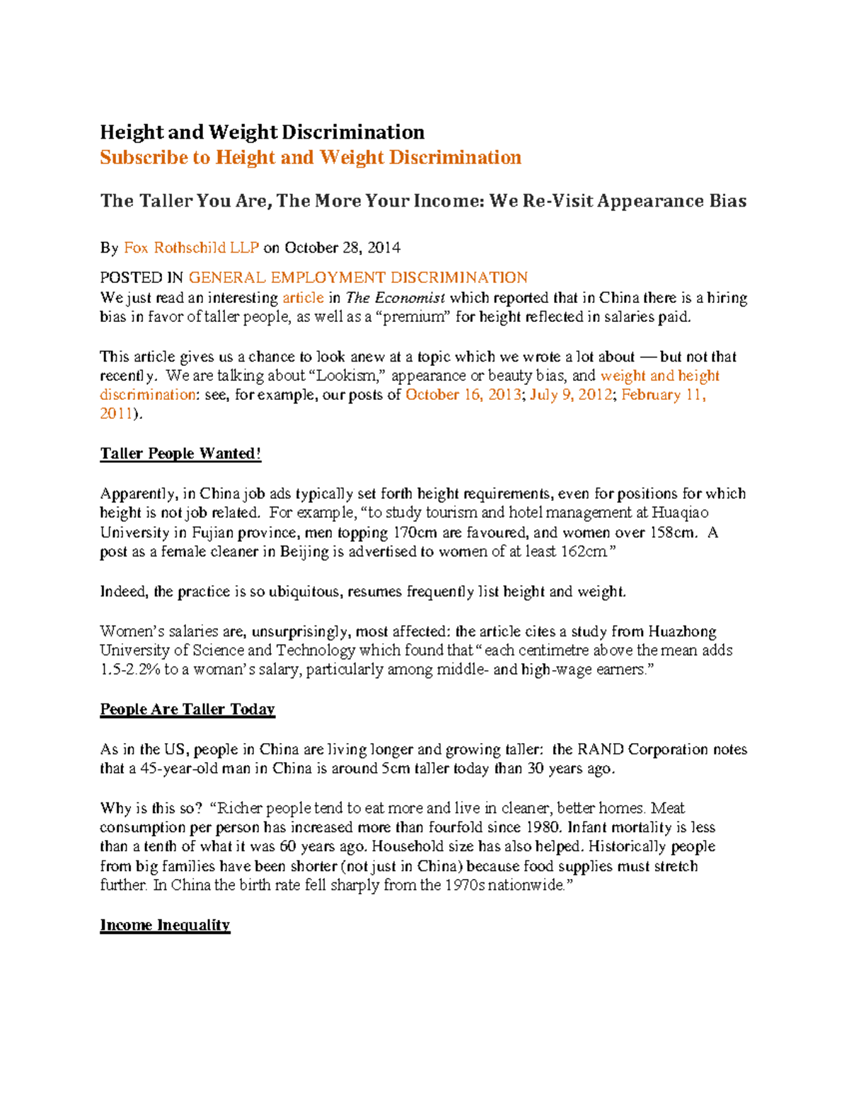 Class 2. Height and Weight Discrimination - Height and Weight ...