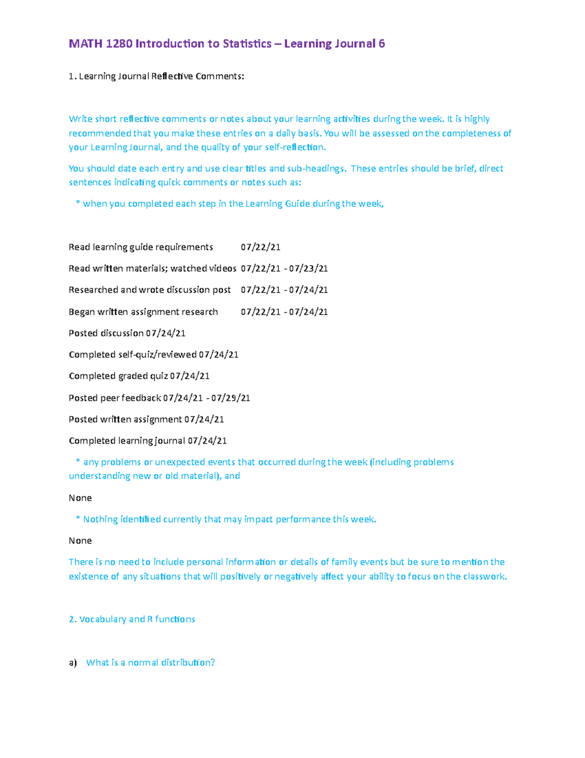 MATH 1280 - Learning Journal 6a - MATH 1280 Introduction to Statistics ...