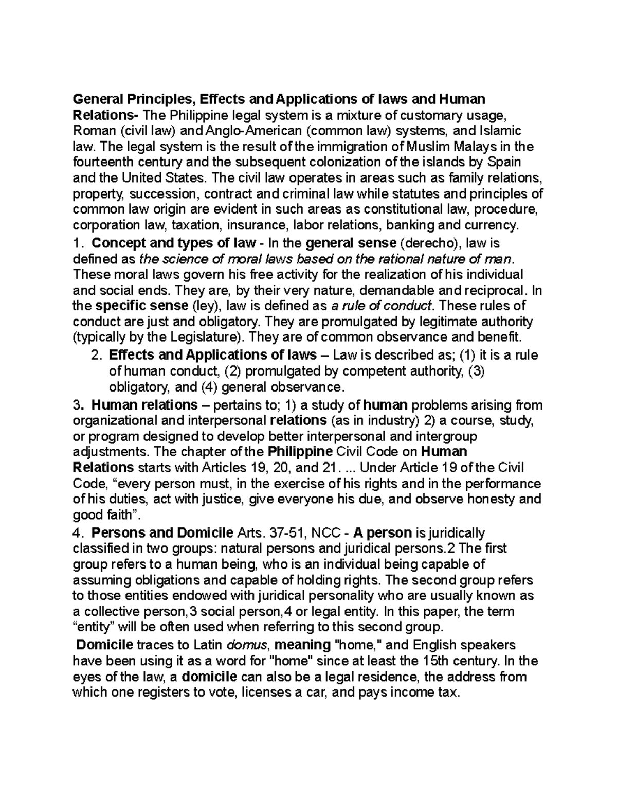 Philippine Civil Laws - ...... - General Principles, Effects and ...