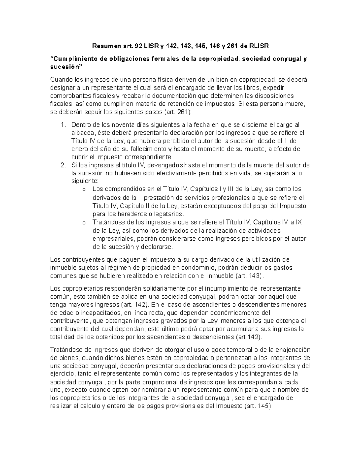Copropiedad, sucecion y sociedad conyugal - Resumen art. 92 LISR y 142 ...