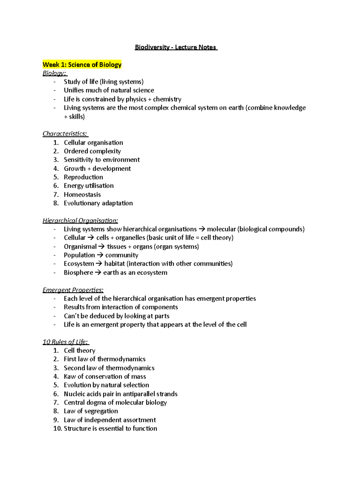 Lecture notes copy 2 - Biodiversity - Lecture Notes Week 1: Science of ...