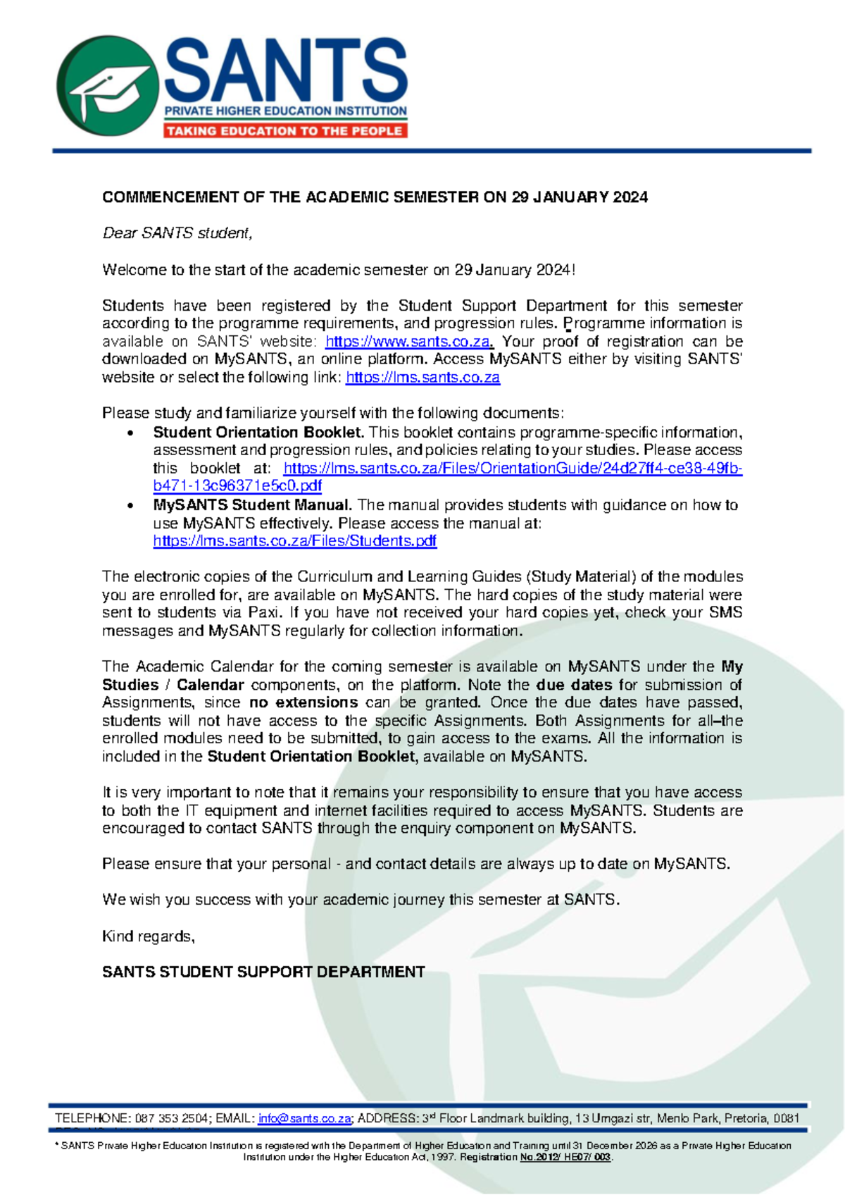 2024 Semester 1 Welcome letter to all students - TELEPHONE: 087 353 25 04 ; EMAIL: info@sants.co ...